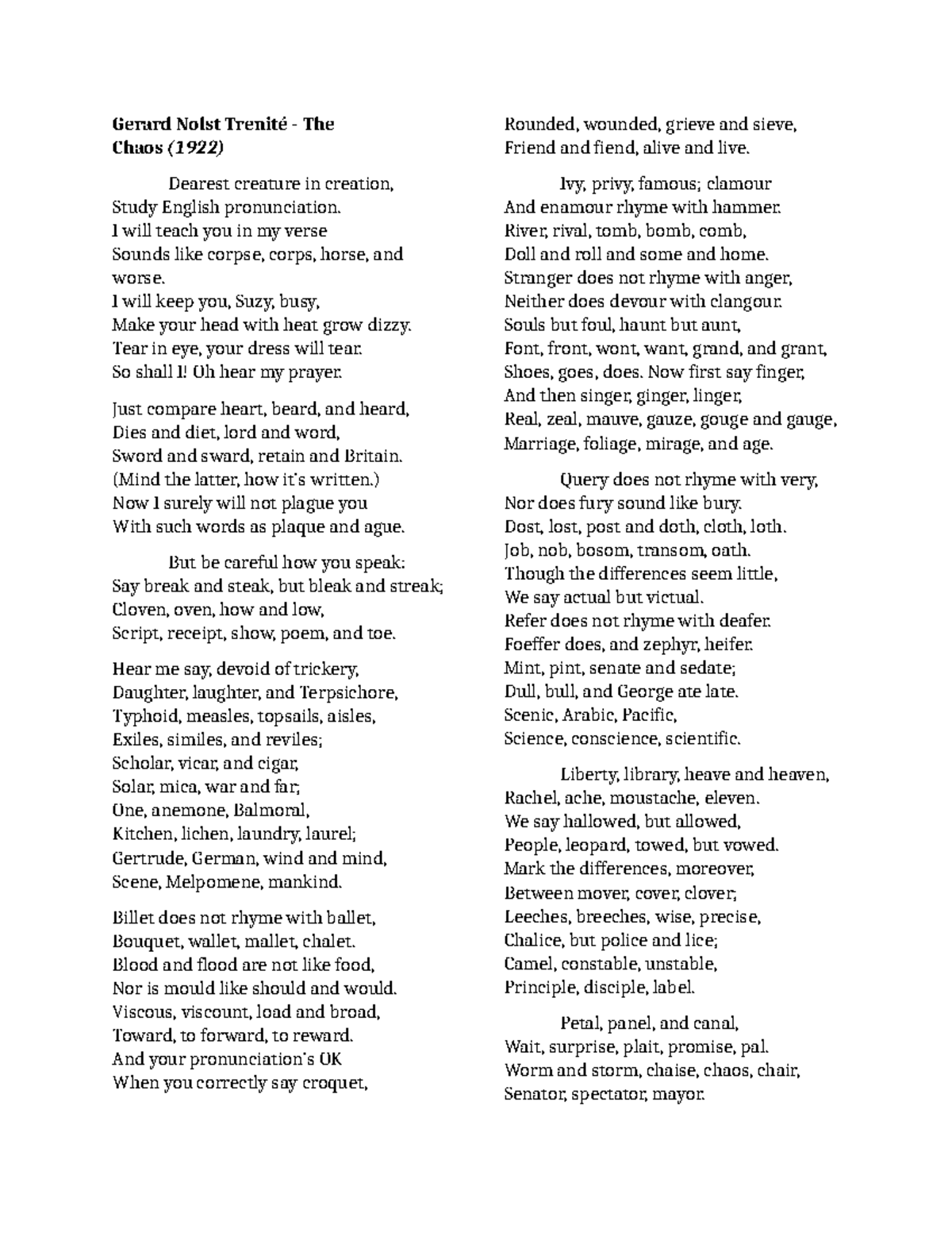 THE- Chaos - Gerard Nolst Trenité - The Chaos (1922) Dearest creature in creation, Study English ...