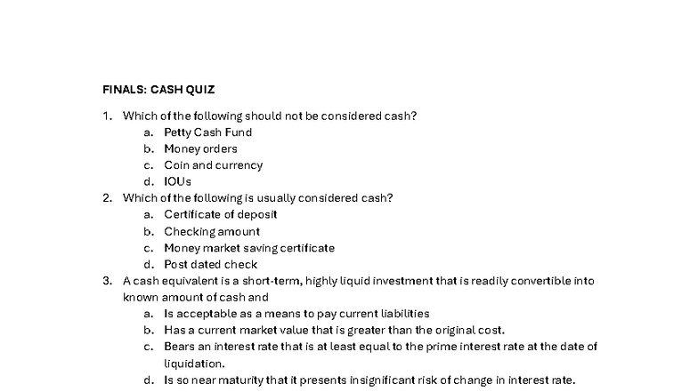 CASH-QUIZ 1: Understanding Cash and Cash Equivalents - Studocu