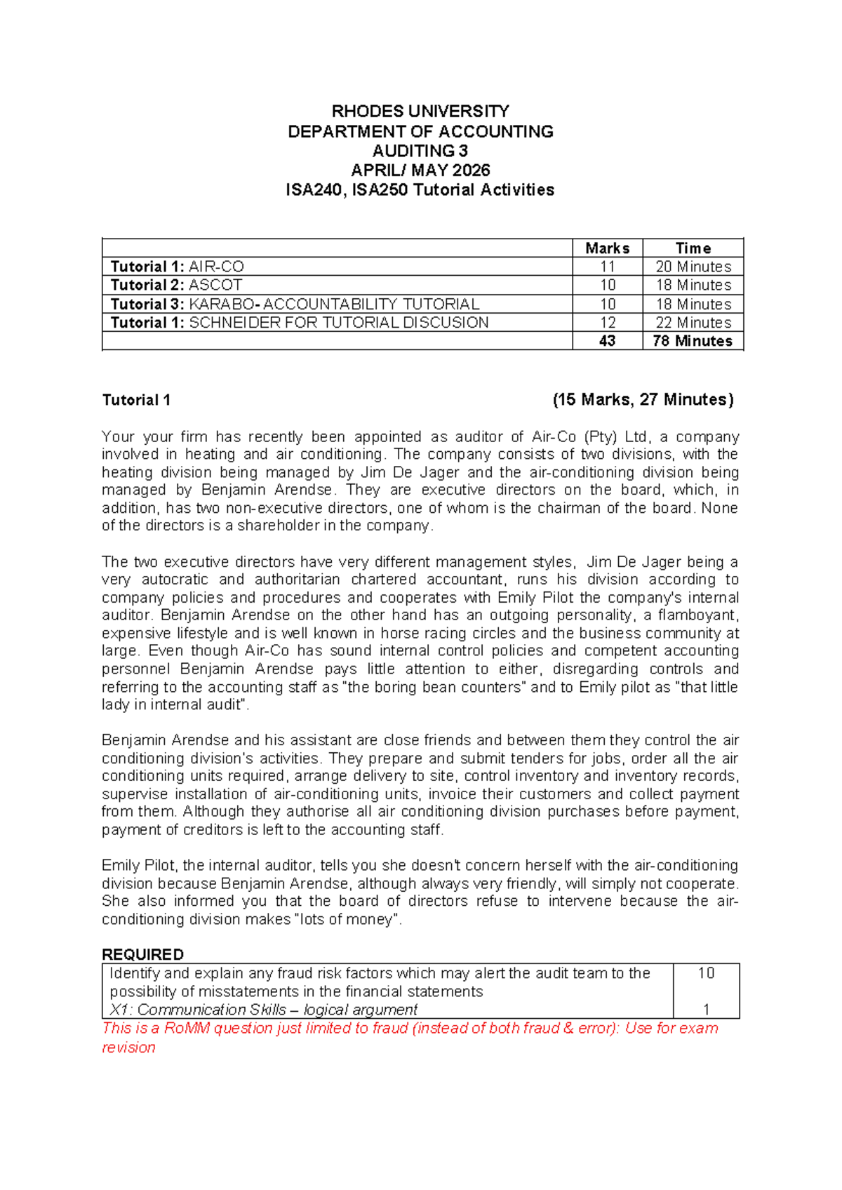 ISA240 & ISA250 Tutorial Questions: Fraud Risk Factors & Audit ...