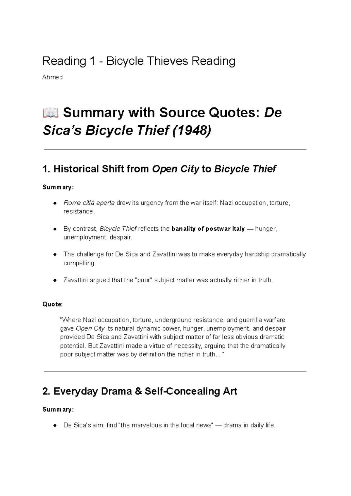 BIC 101: Summary and Analysis of "Bicycle Thieves" (1948) - Studocu