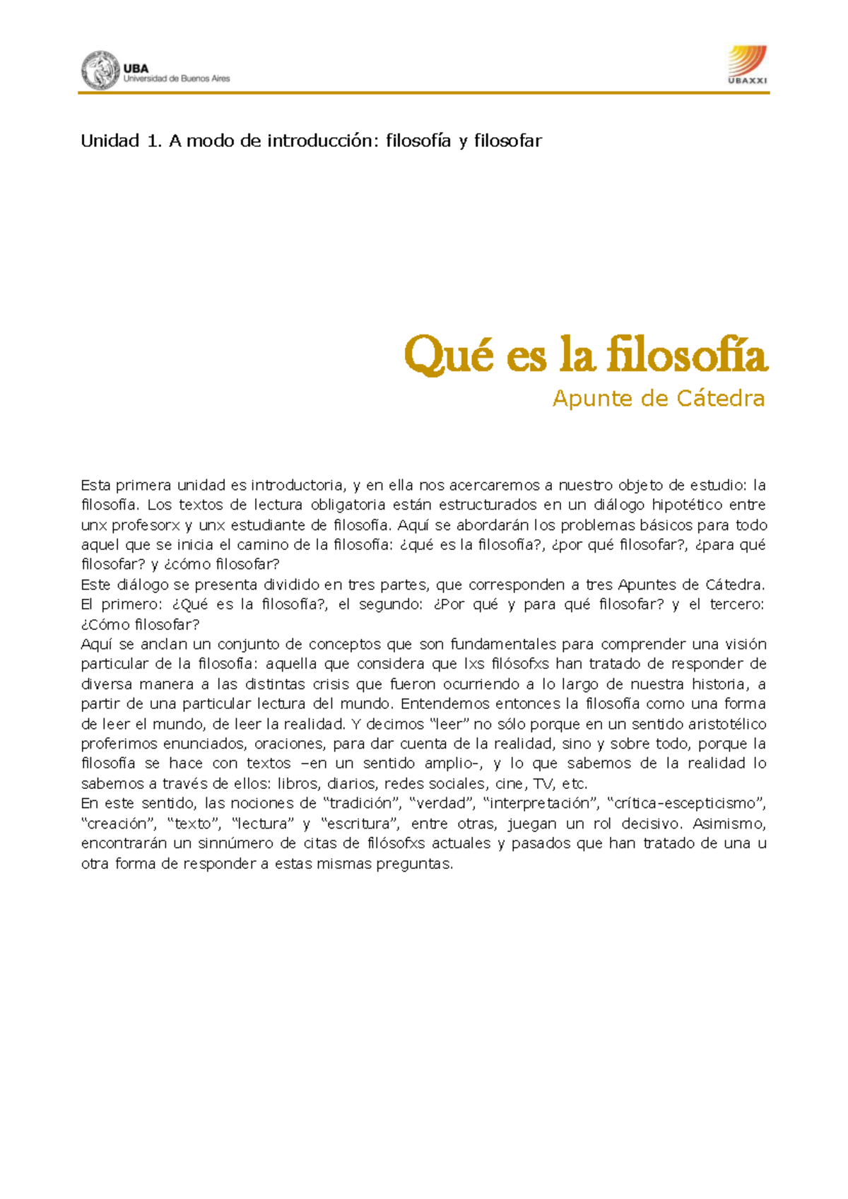 UBA XXI Filosofía: Introducción a la Filosofía y su Significado - Studocu