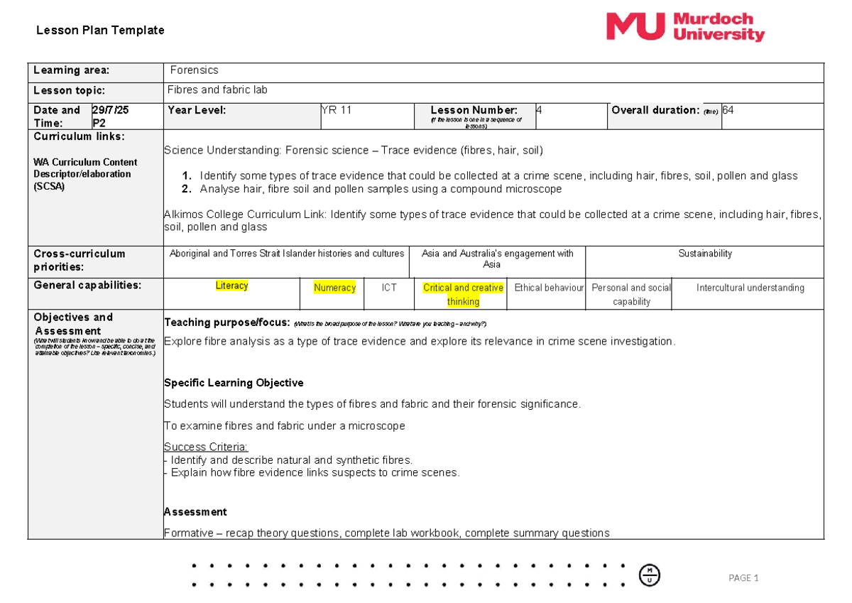 Lesson Plan - Forensics: Fibres & Fabric Lab (WK2 L4 YR11) - Studocu