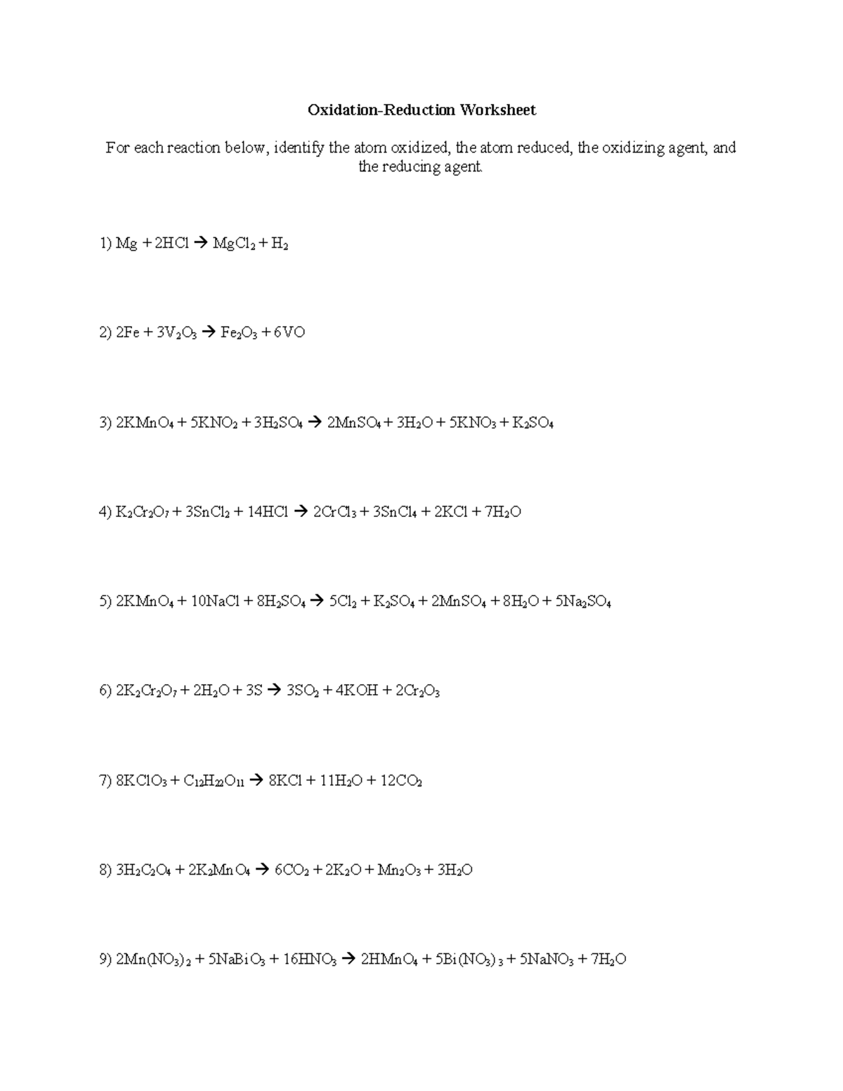 Oxidation-Reduction Reactions Worksheet (Chem 101) - Studocu