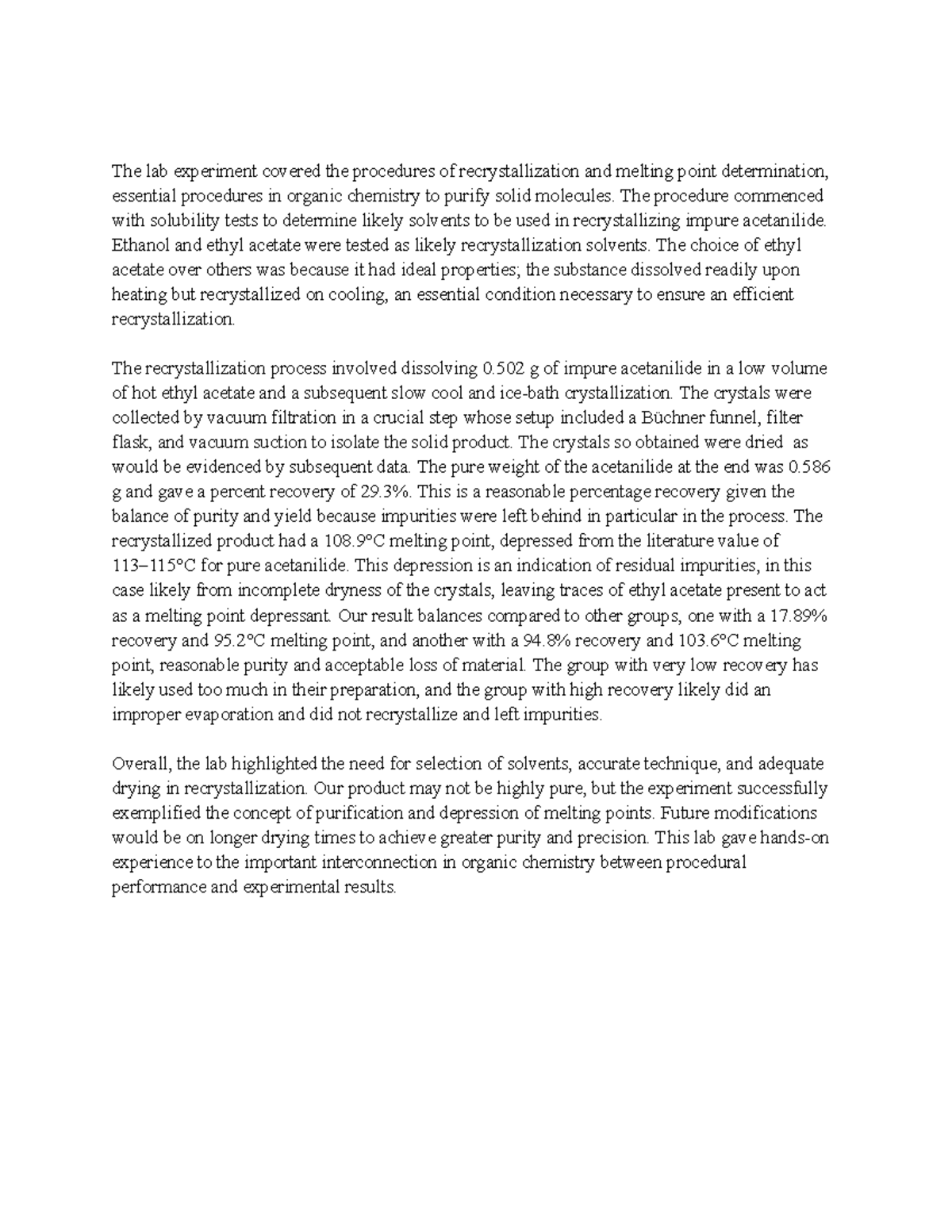 Lab Report - Organic Chem: Melting Point & Recrystallization - Studocu