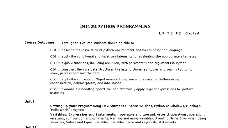 INT108: Python Programming Lecture 3 - Course Outcomes and Units - Studocu