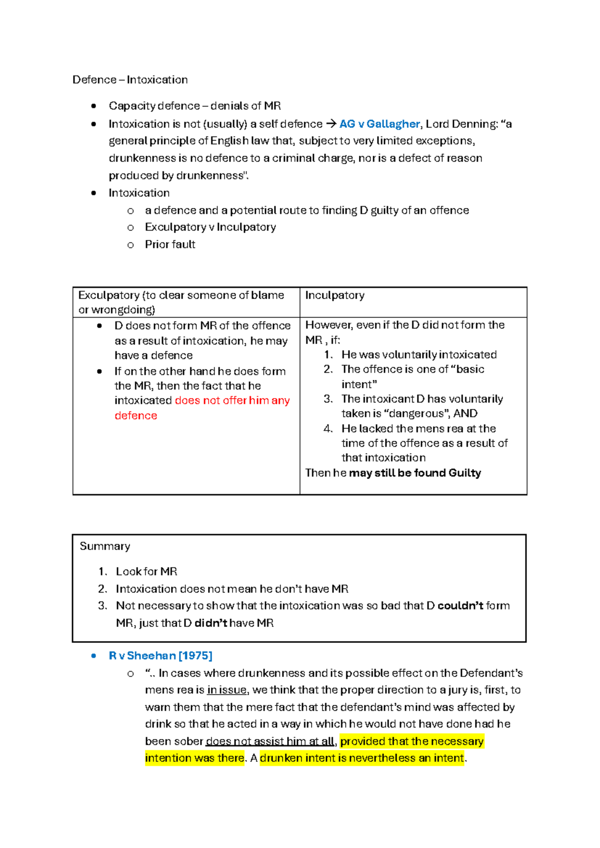 Defences - Intoxication and Mens Rea Analysis (Law 101) - Studocu