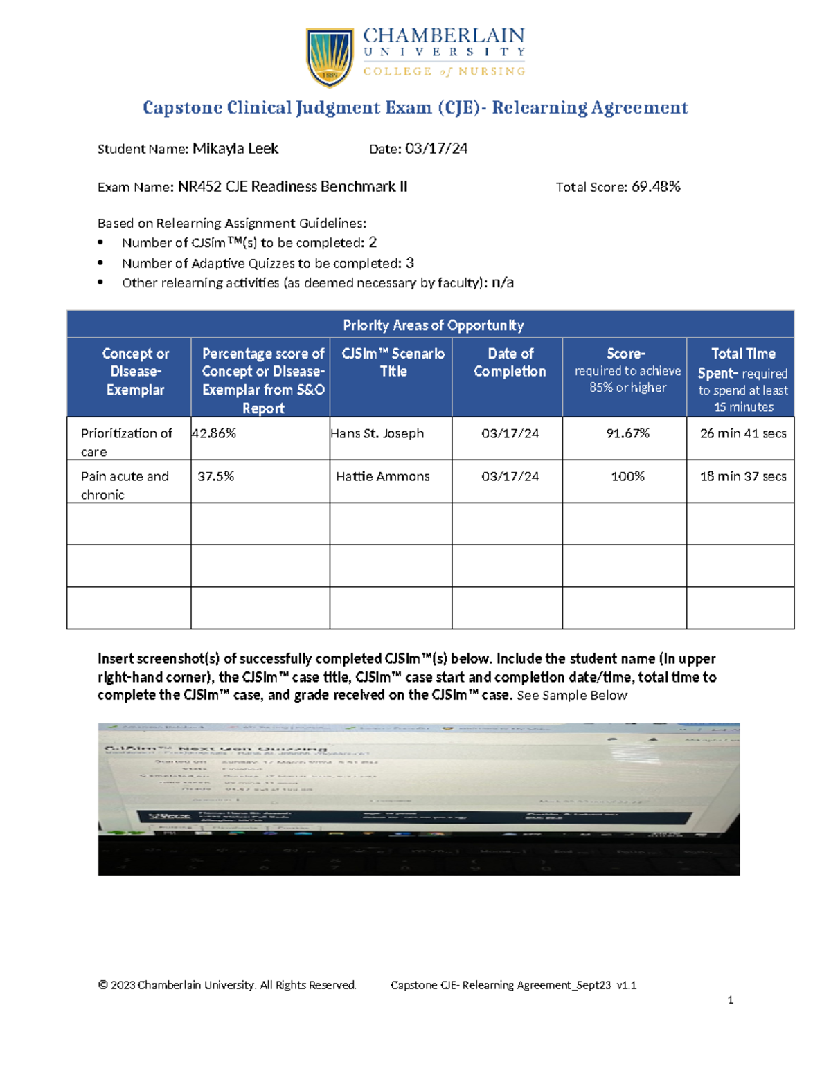 Capstone NR452 CJE-Benchmark Relearning Agreement - Sept 2023 - Studocu