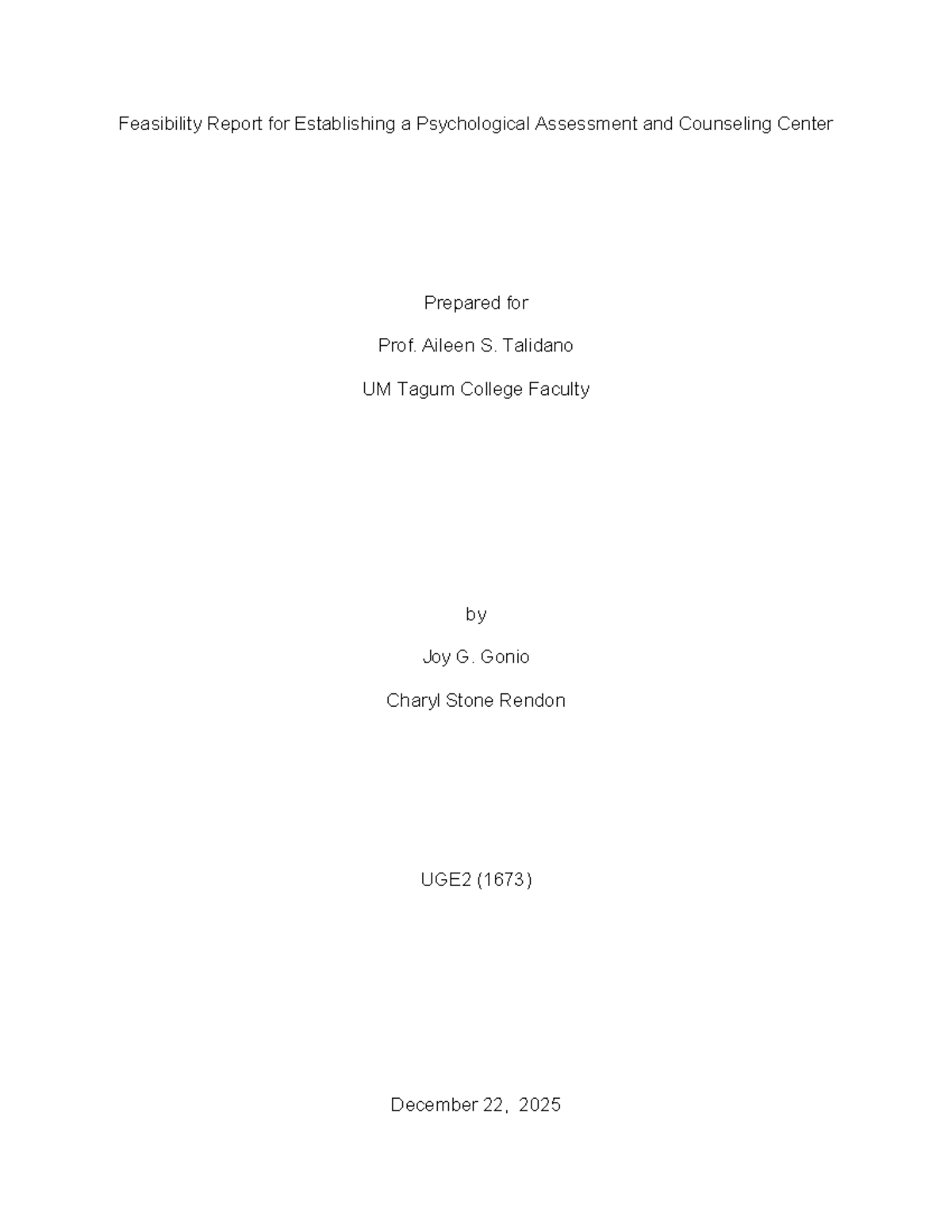 Feasibility Report for Establishing a Psychology Center UGE2 (1673 ...