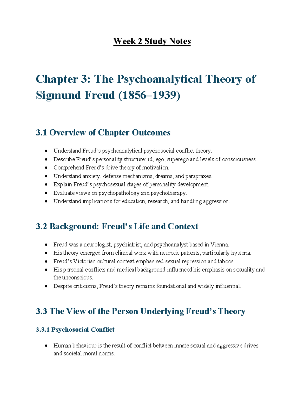 Week 2 Study Notes: Freud's Psychoanalytical Theory - Studocu