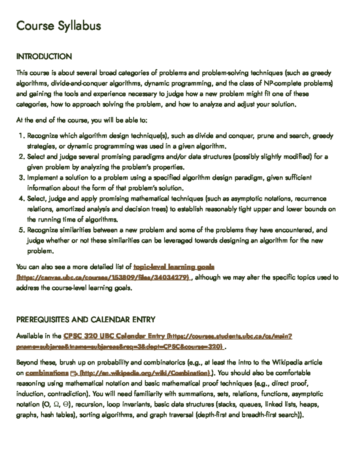 Syllabus for CPSC 320 2024W2: Intermediate Algorithm Design & Analysis - Studocu
