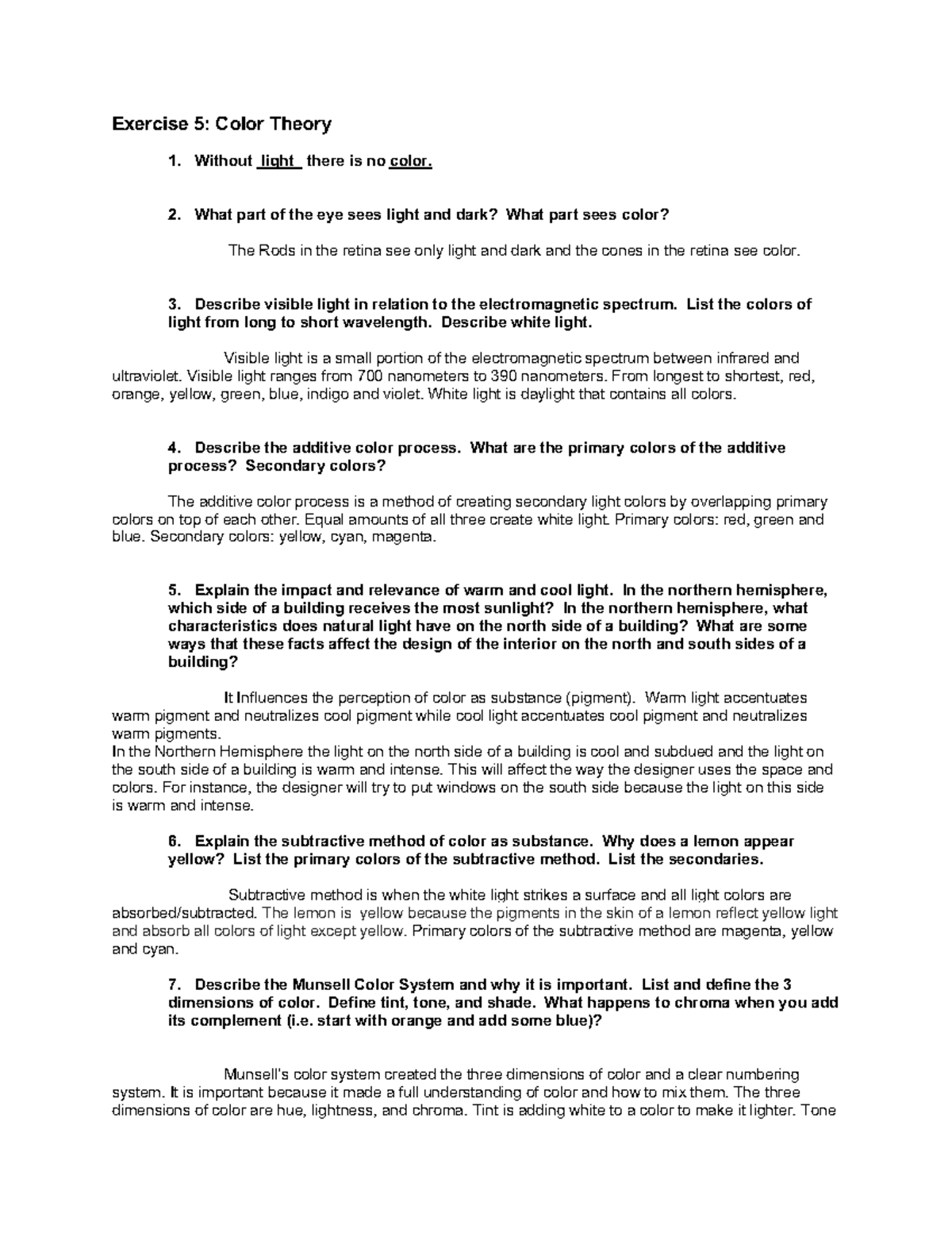 Exercise 5 - Exercise 5: Color Theory 1. Without light there is no ...