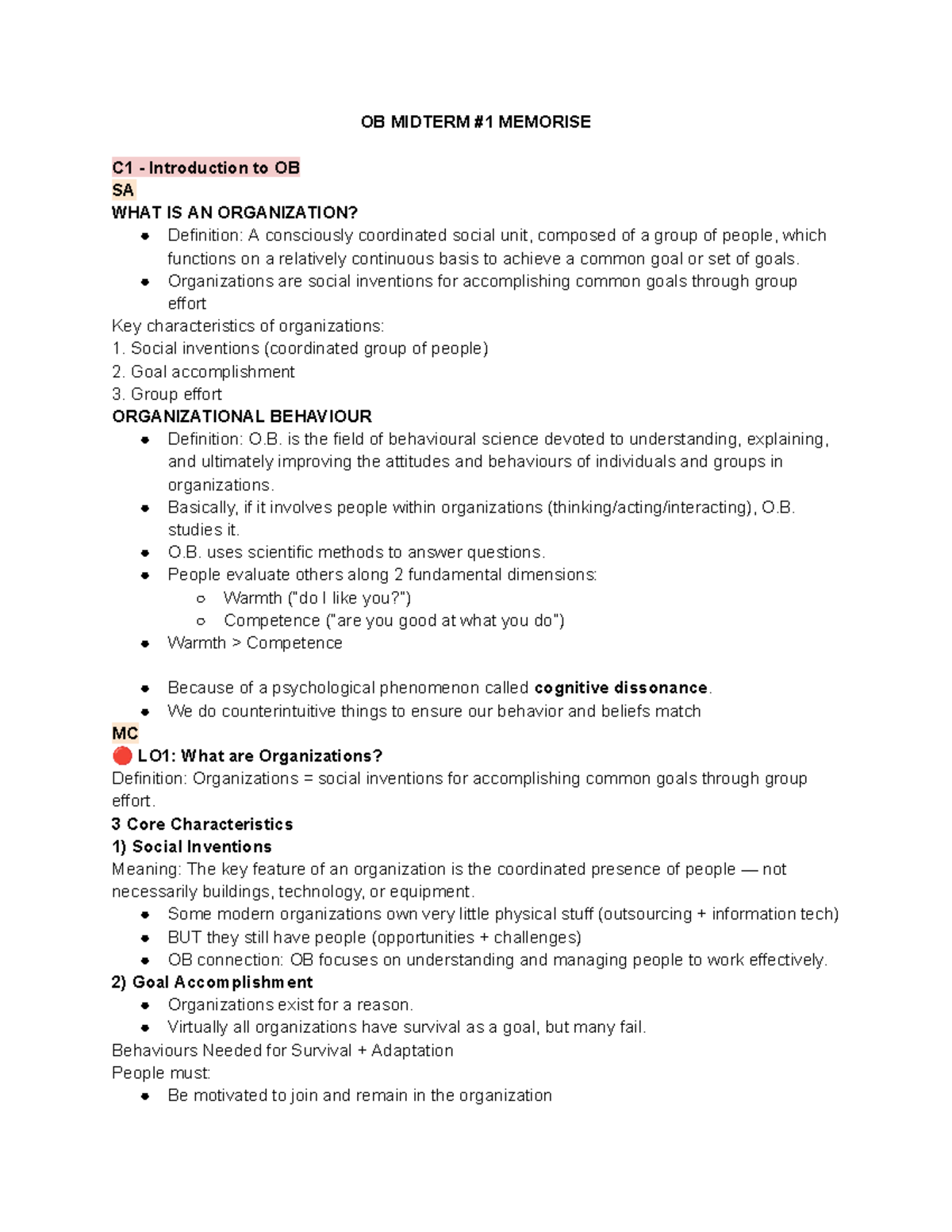 OB MIDTERM #1 MEMORISE - C1 Introduction to Organizational Behaviour - Studocu
