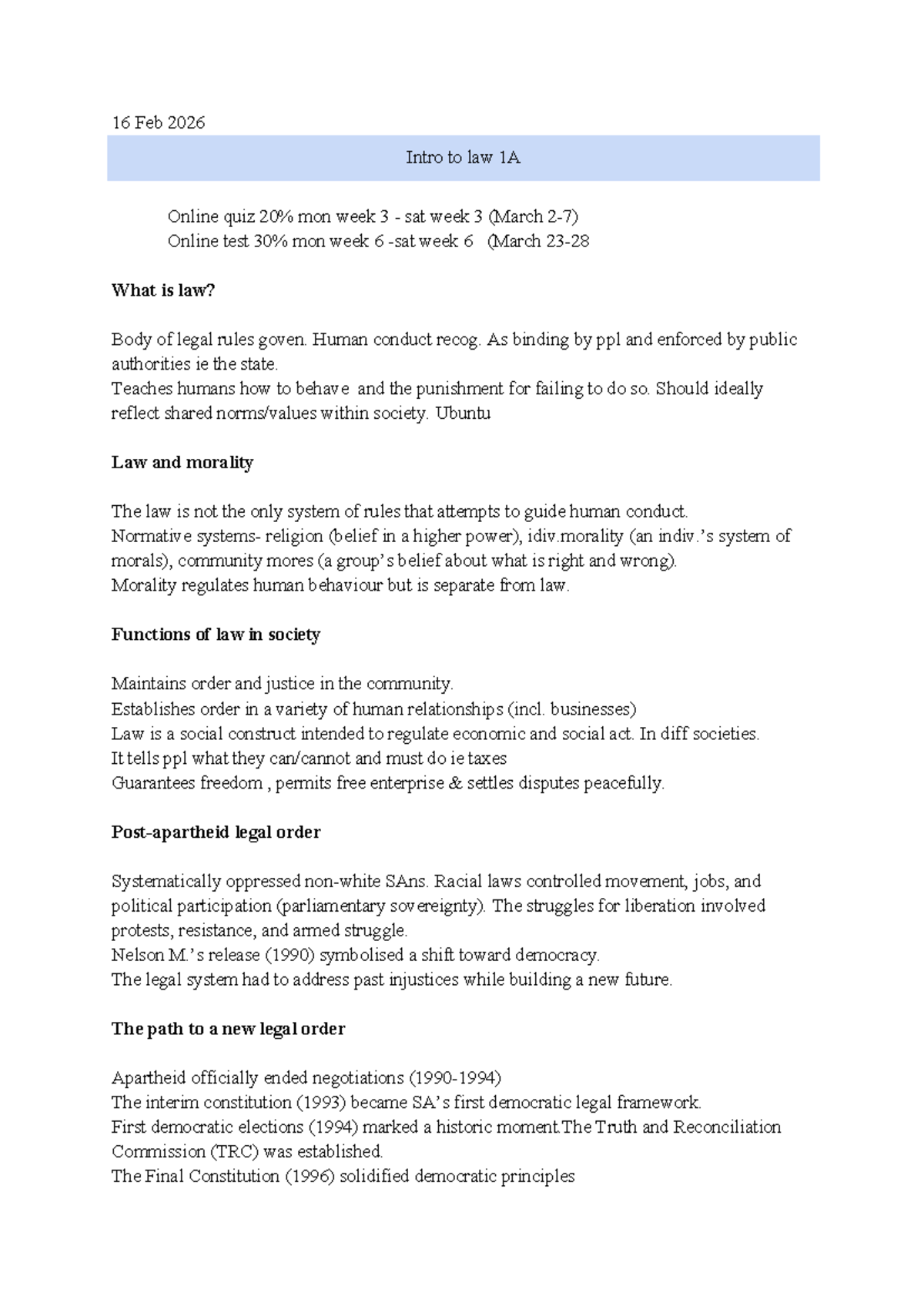 Intro to Law 1A: Week 3 Online Quiz Notes and Key Concepts - Studocu