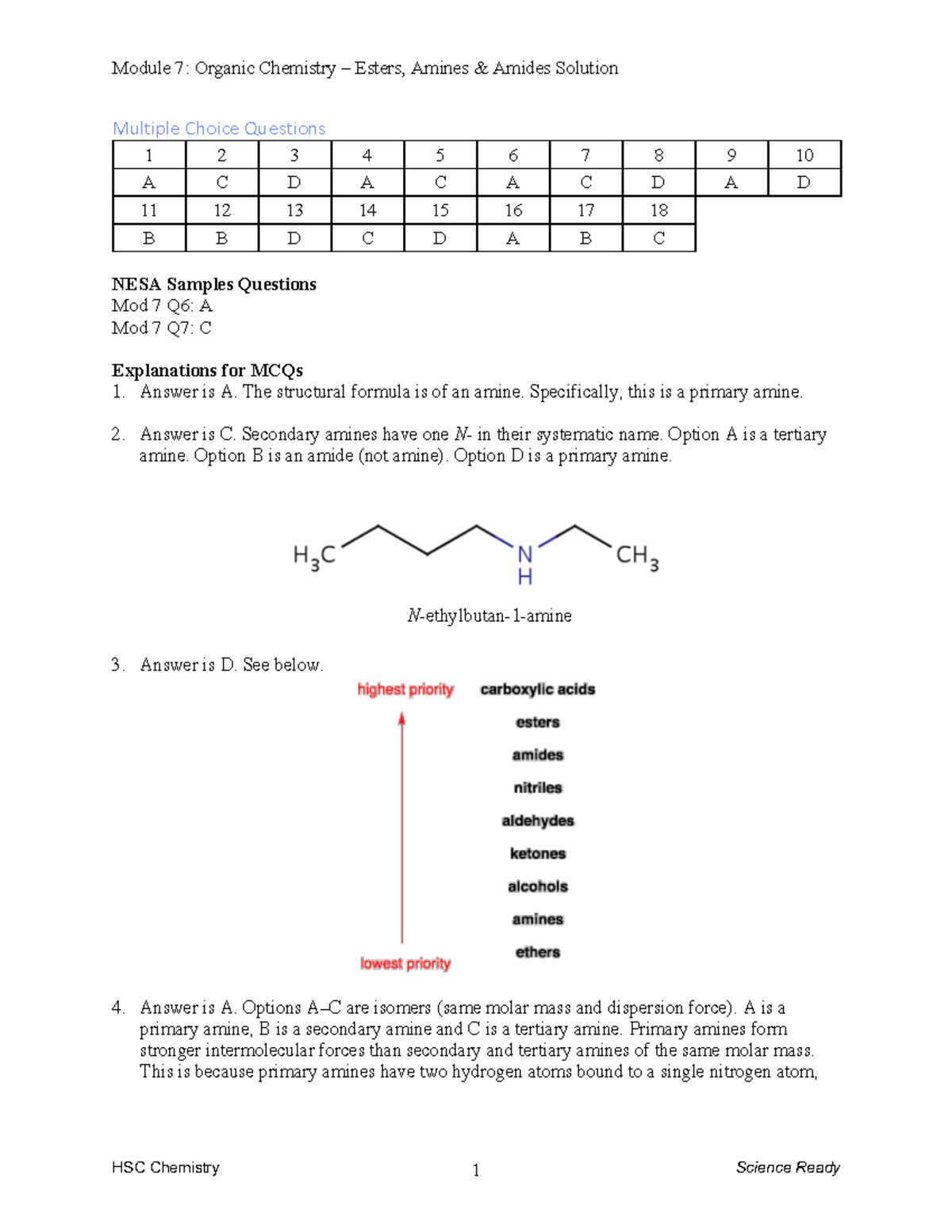 HSC Chemistry Module 7: Esters, Amines & Amides MCQ Solutions - Studocu