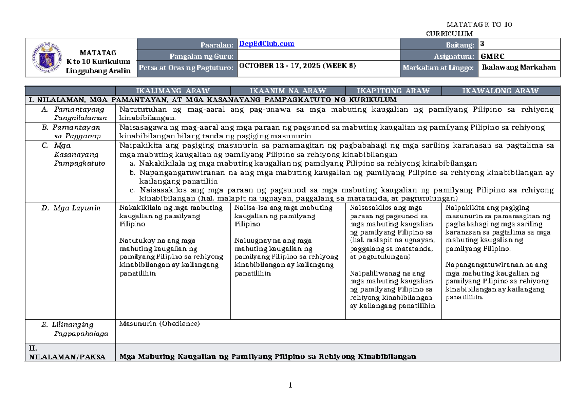 DLL Matatag GMRC 3 Q2 W8 - Daily Lesson Log for Grade 3 - Studocu
