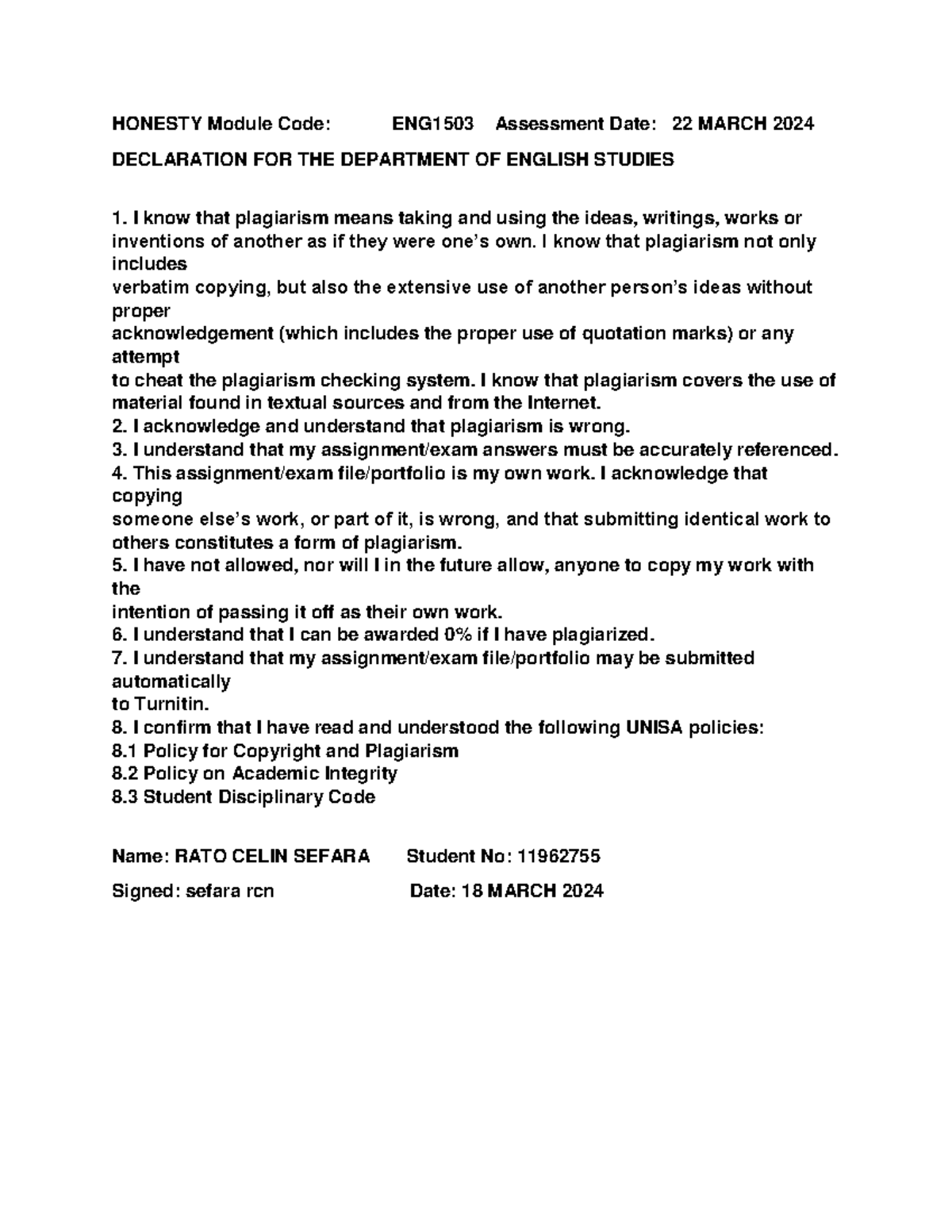 ENG 1503 Assignment 2: Plagiarism Declaration and Integrity Statements ...