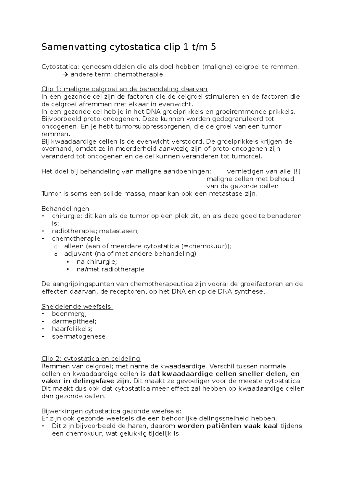 Samenvatting farmacologie HC3: Cytostatica en Chemotherapie - Studeersnel