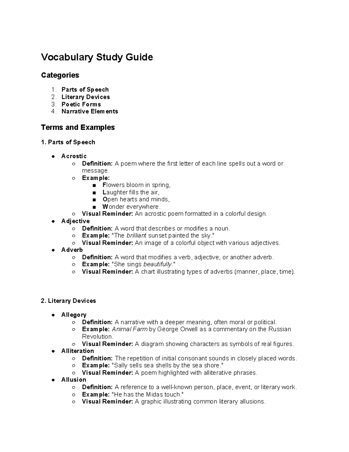 Vocabulary Study Guide: Parts of Speech & Literary Devices - Studocu