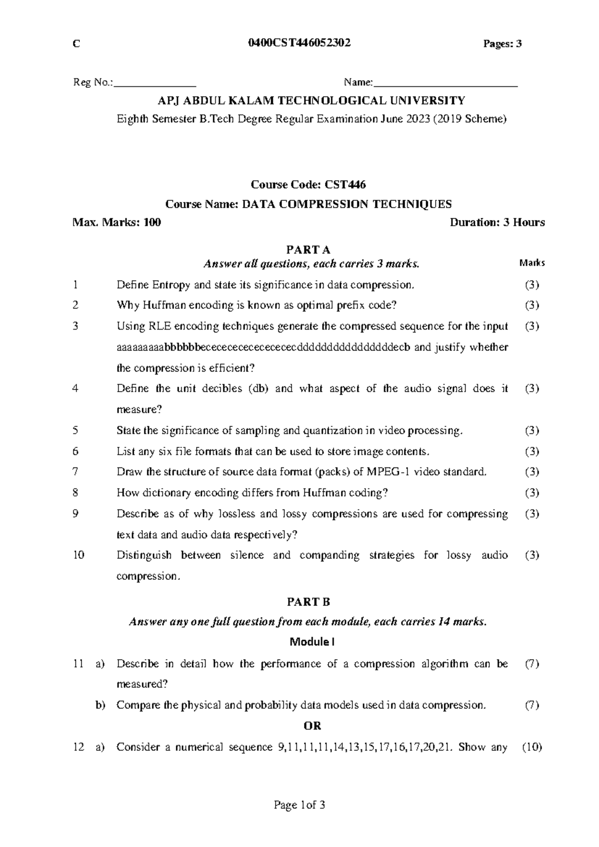 CST446 Data Compression Techniques: Complete Notes & Model QP Solutions ...