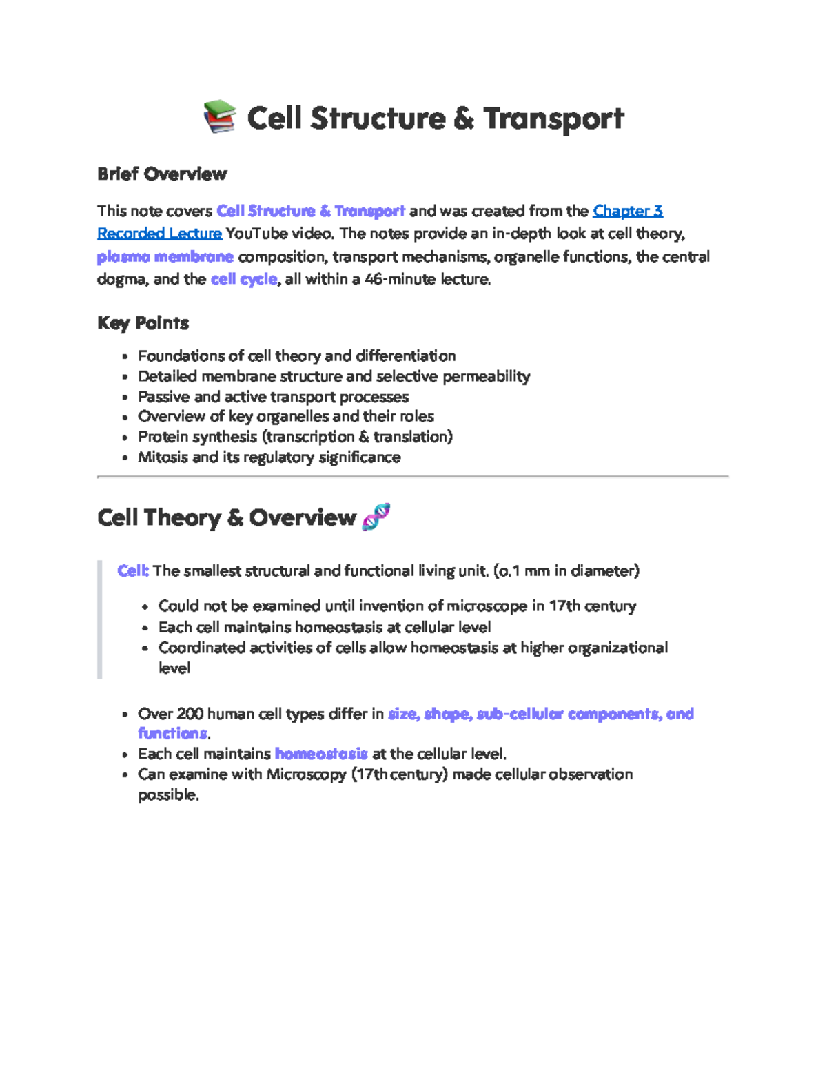 Lecture Notes: Cell Structure & Transport - Studocu