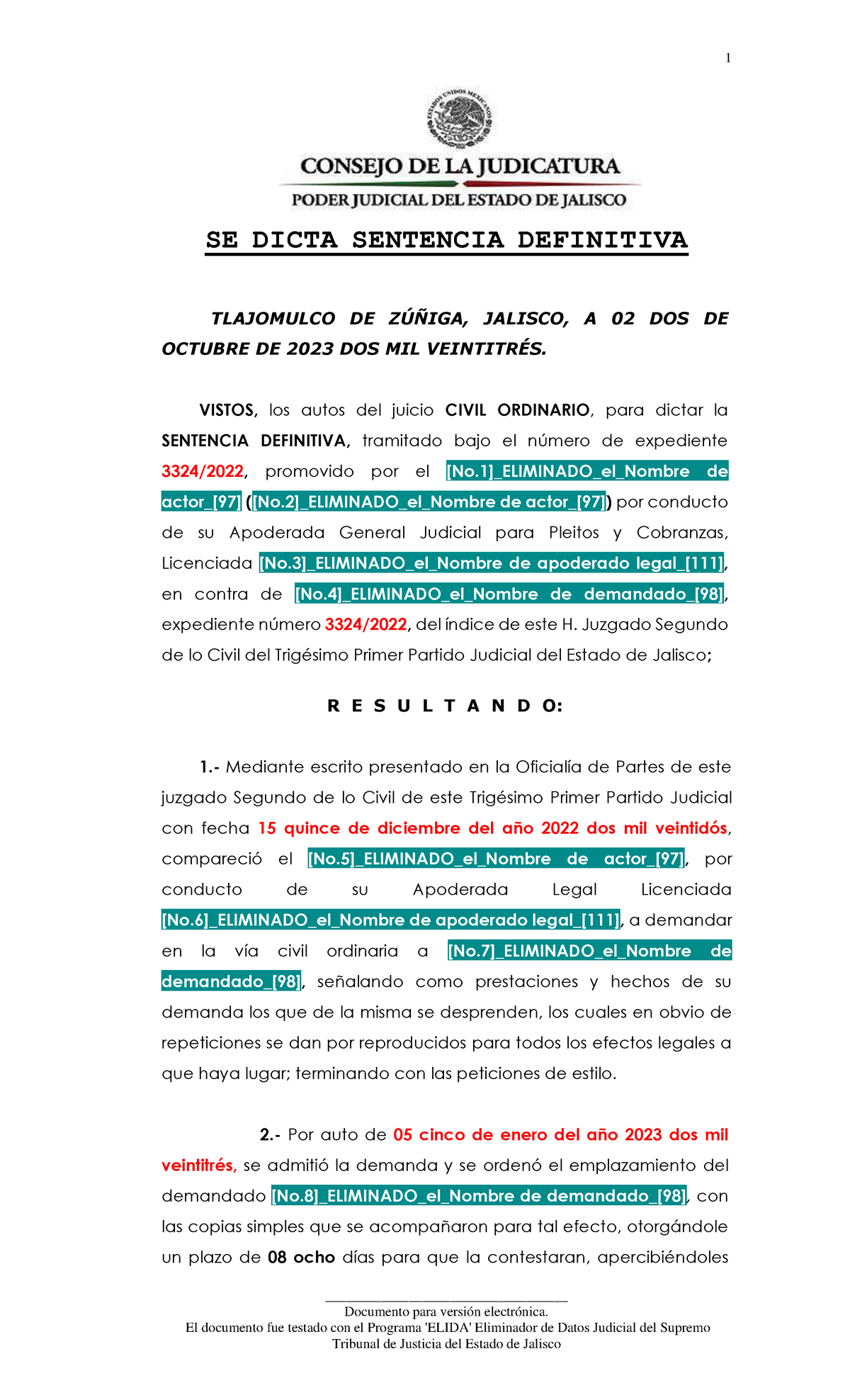 Sentencia Definitiva del Juicio Civil Ordinario 3324/2022 - Studocu