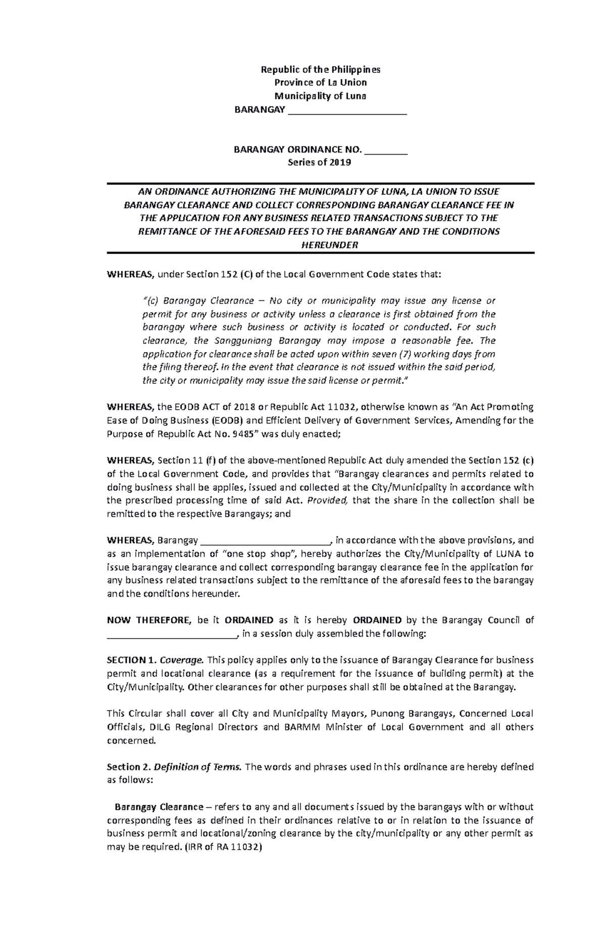 441883099 Barangay Ordinance on Clearance Issuance & Fees Sample - Studocu