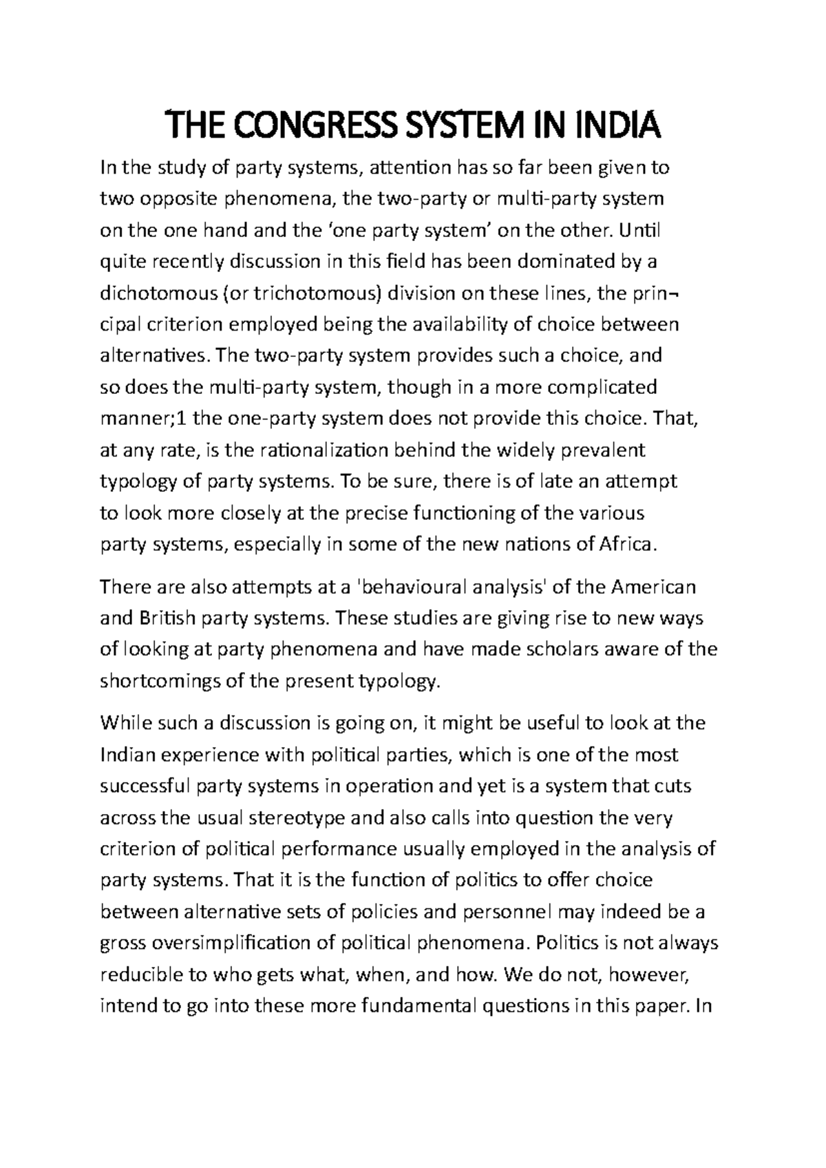The Congress System in India: An Analysis of One-Party Dominance - Studocu