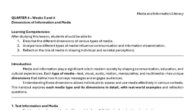 Q4 3 & 4 - Exploring Dimensions of Media & Information Literacy - Studocu
