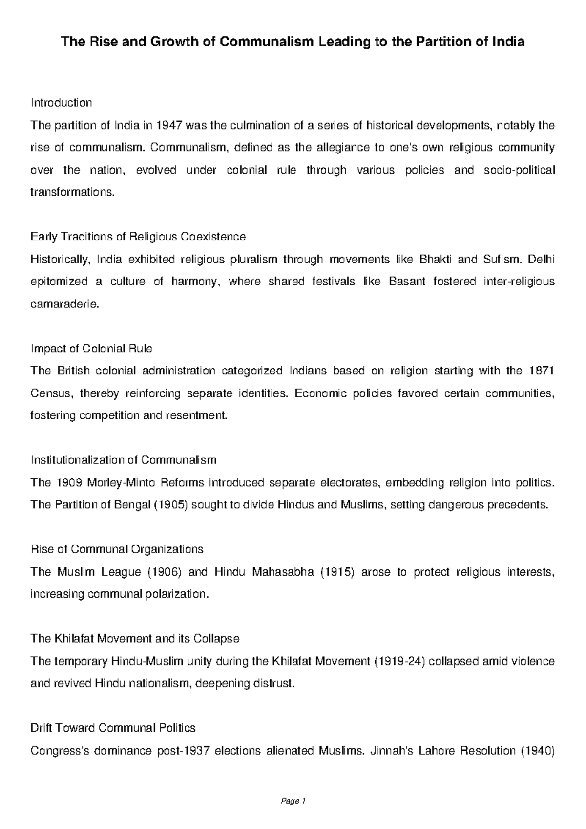 Communalism and the 1947 Partition of India: An Analytical Essay - Studocu