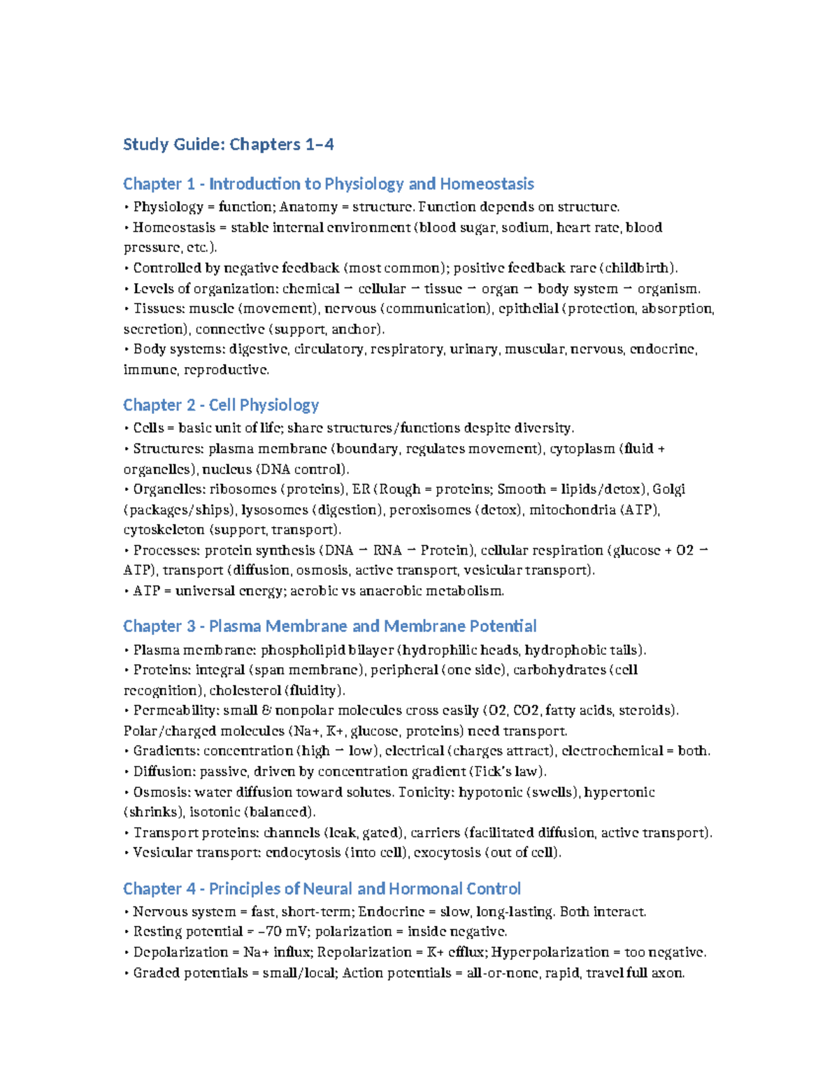 Ch1-4 Master Study Guide: Intro to Physiology & Homeostasis - Studocu