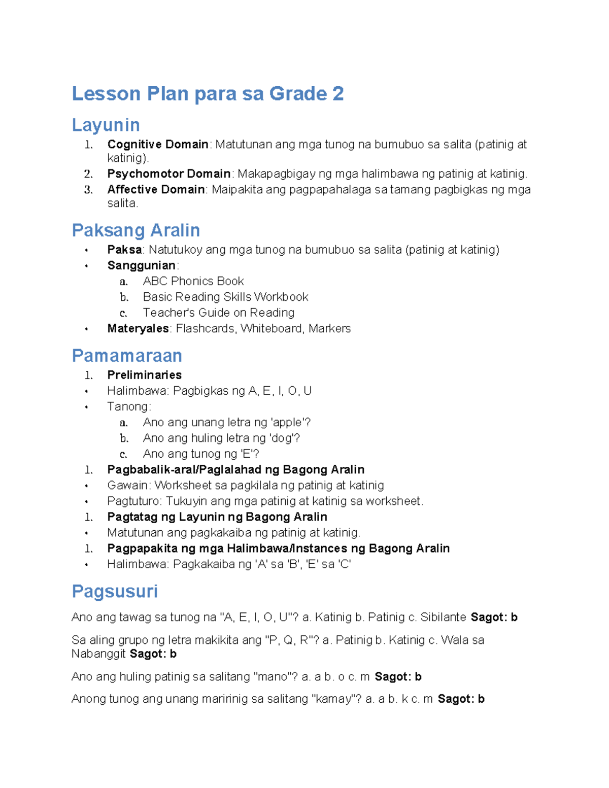 Lesson Plan para sa Grade 2: Tunog ng Patinig at Katinig - Studocu