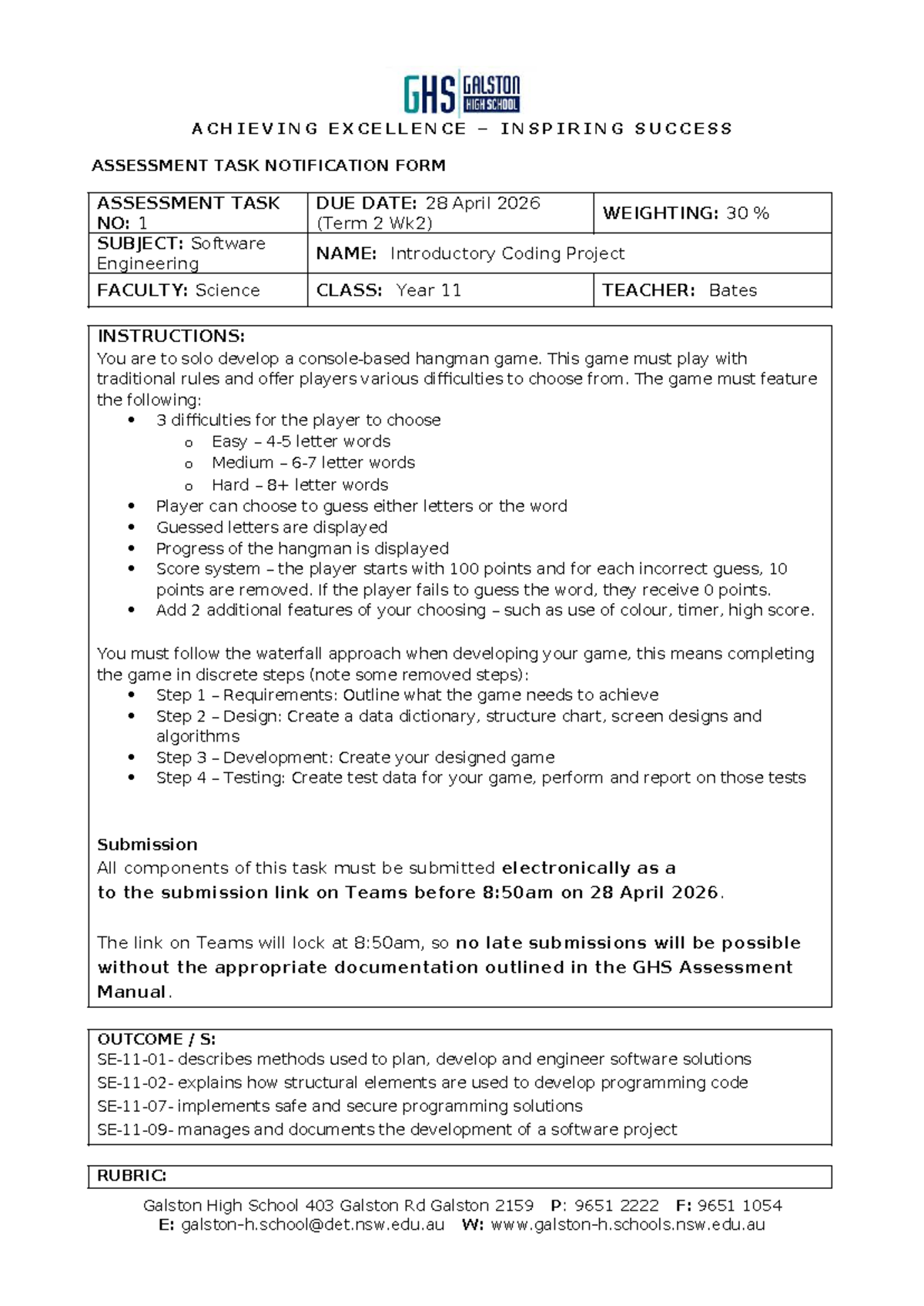 Task 1 Notification: Introductory Coding Project - Software Engineering ...