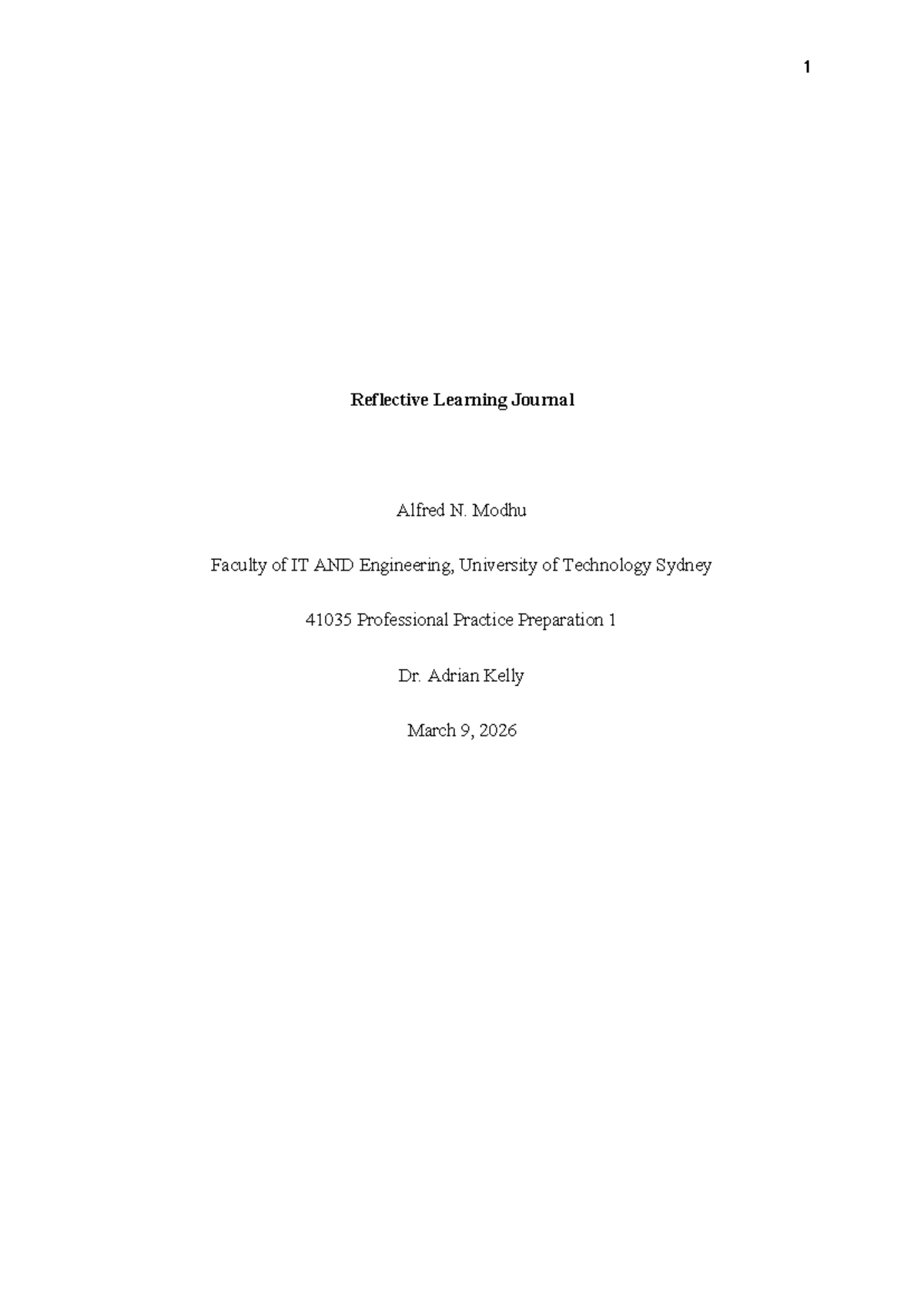 Reflective Learning Journal for Professional Practice Preparation 41035 ...