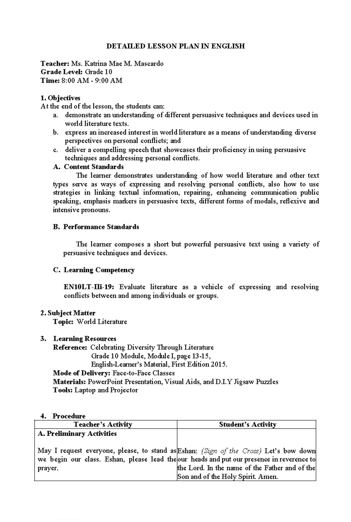 Detailed Lesson Plan on World Literature - Grade 10 (PED4B) - Studocu