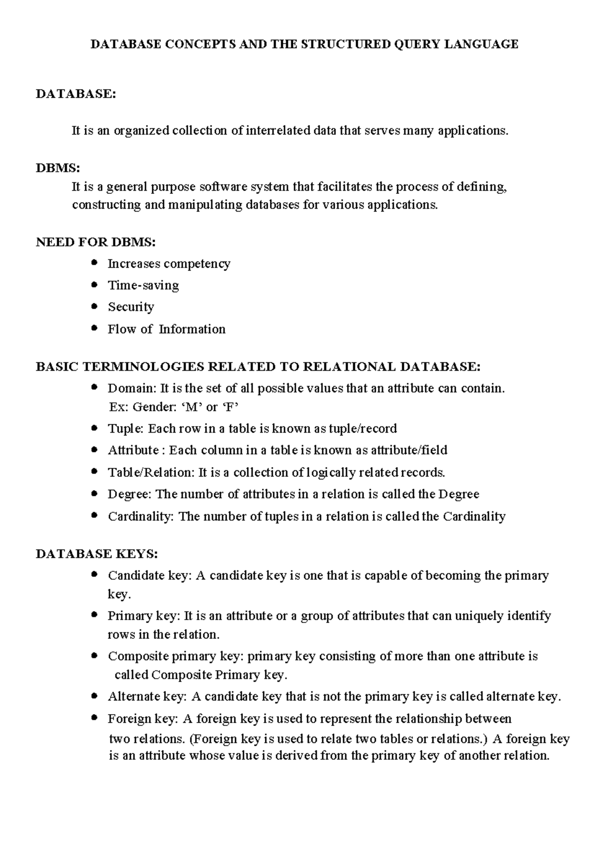 Database Concepts and SQL: Chapter 7 Overview - Studocu