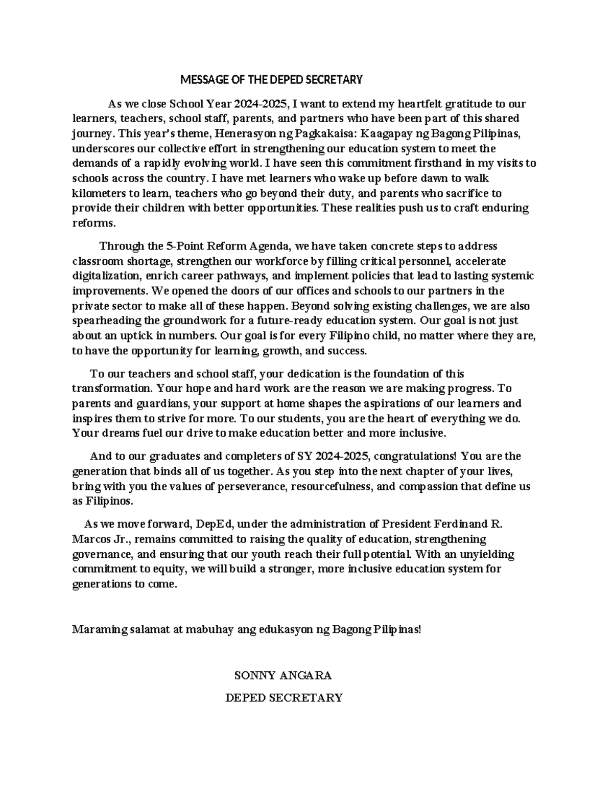 DepEd Graduation Message: Unity and Progress for Region VI - Studocu