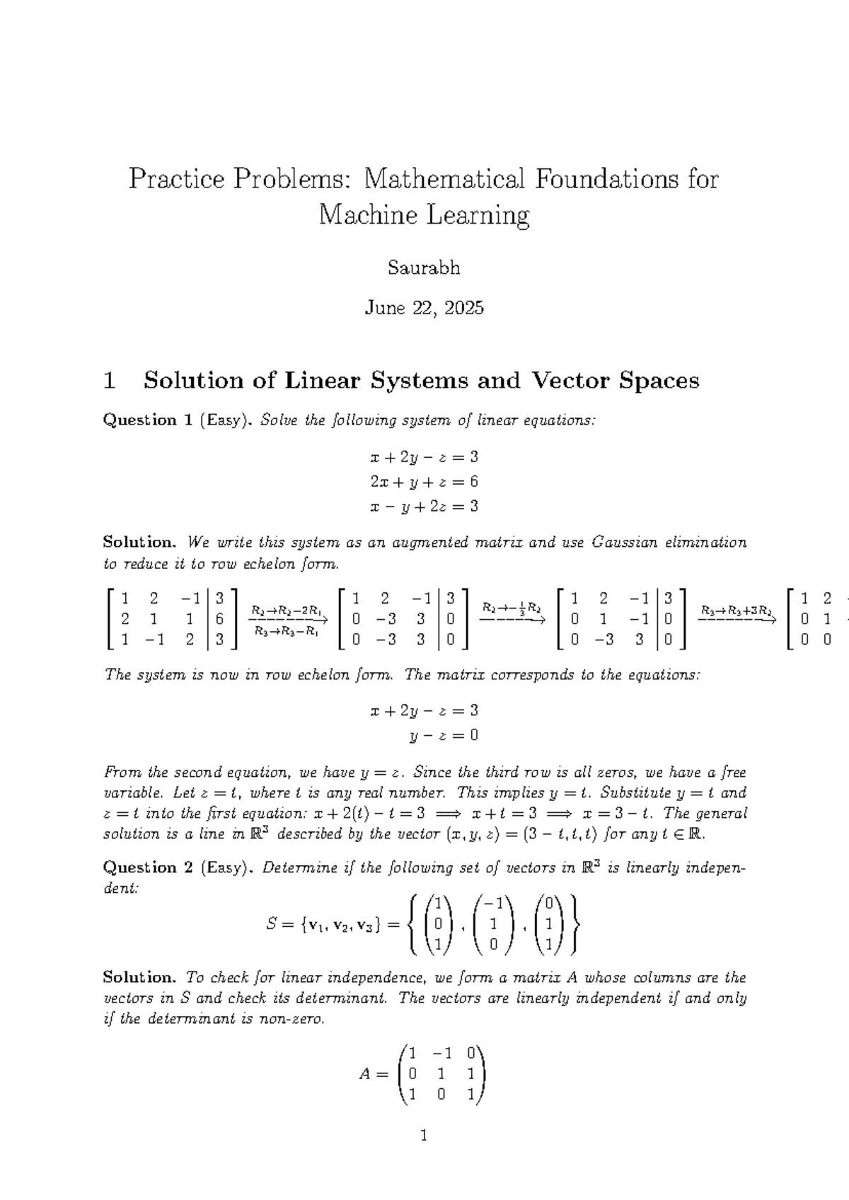 Practice Problems: ISM - Mathematical Foundations for Machine Learning ...