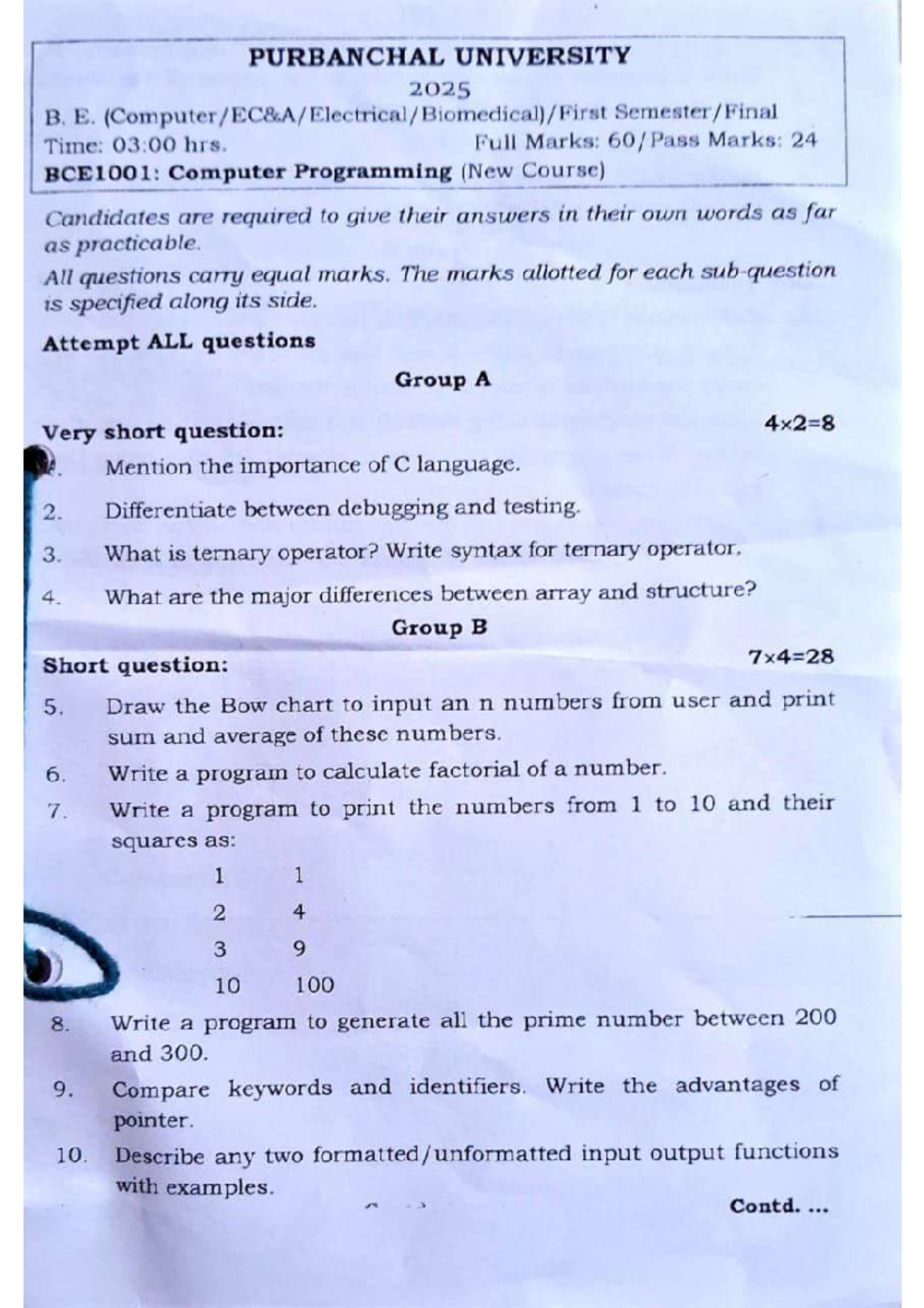 BCE1001: Computer Programming Final Exam Questions 2025 - Studocu