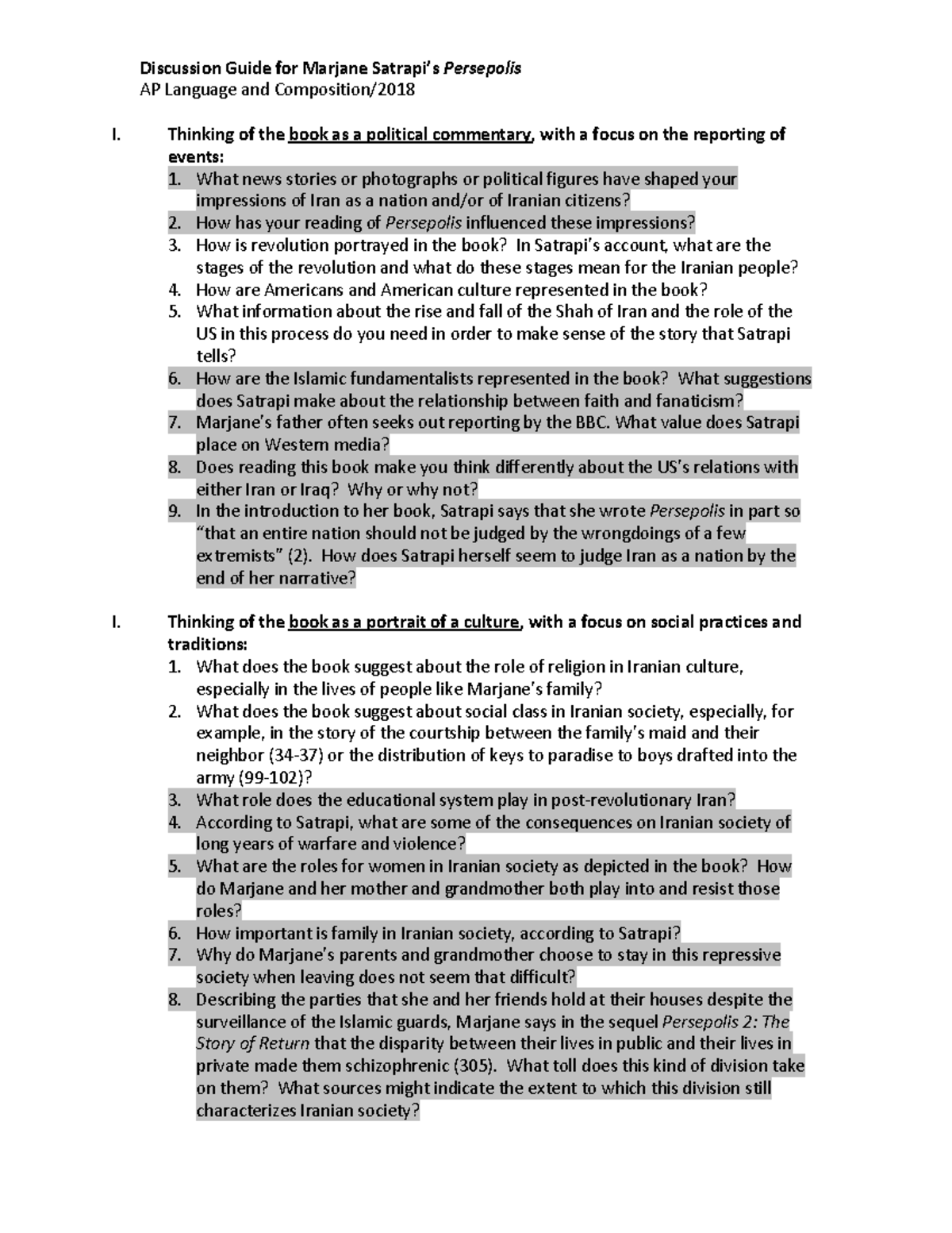A - 33. Persep Novel Questions - Discussion Guide for Marjane Satrapi’s ...