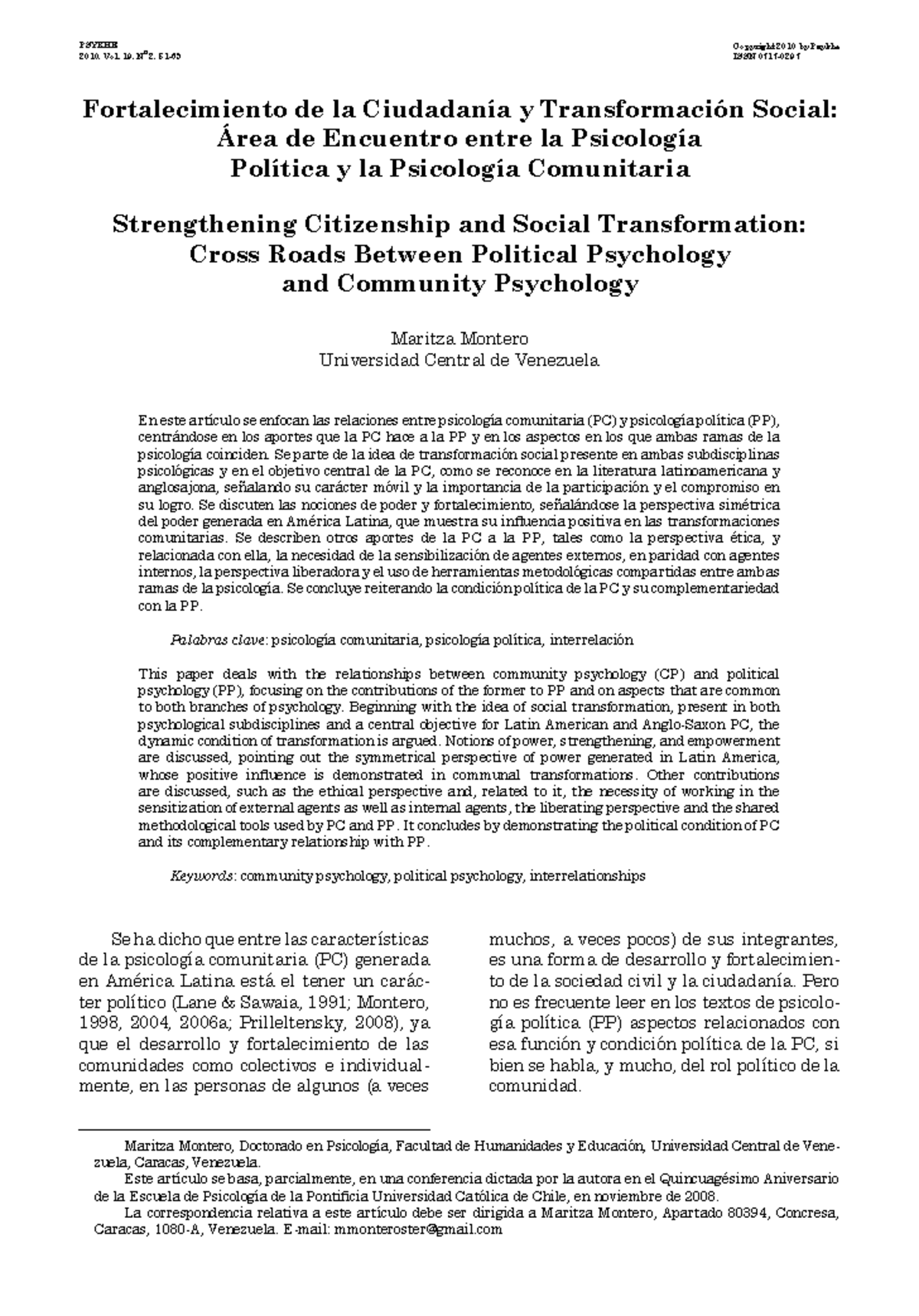 19843-Texto del artículo-maritza montero - PSYKHE 2010, Vol. 19, N ̊ 2 ...