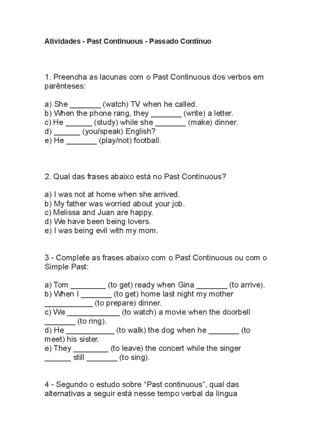 Att past continuous - Atividades de Past Continous - Atividades - Past Continuous - Passado ...