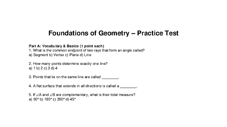 Foundations of Geometry Practice Test: Vocabulary & Concepts - Studocu