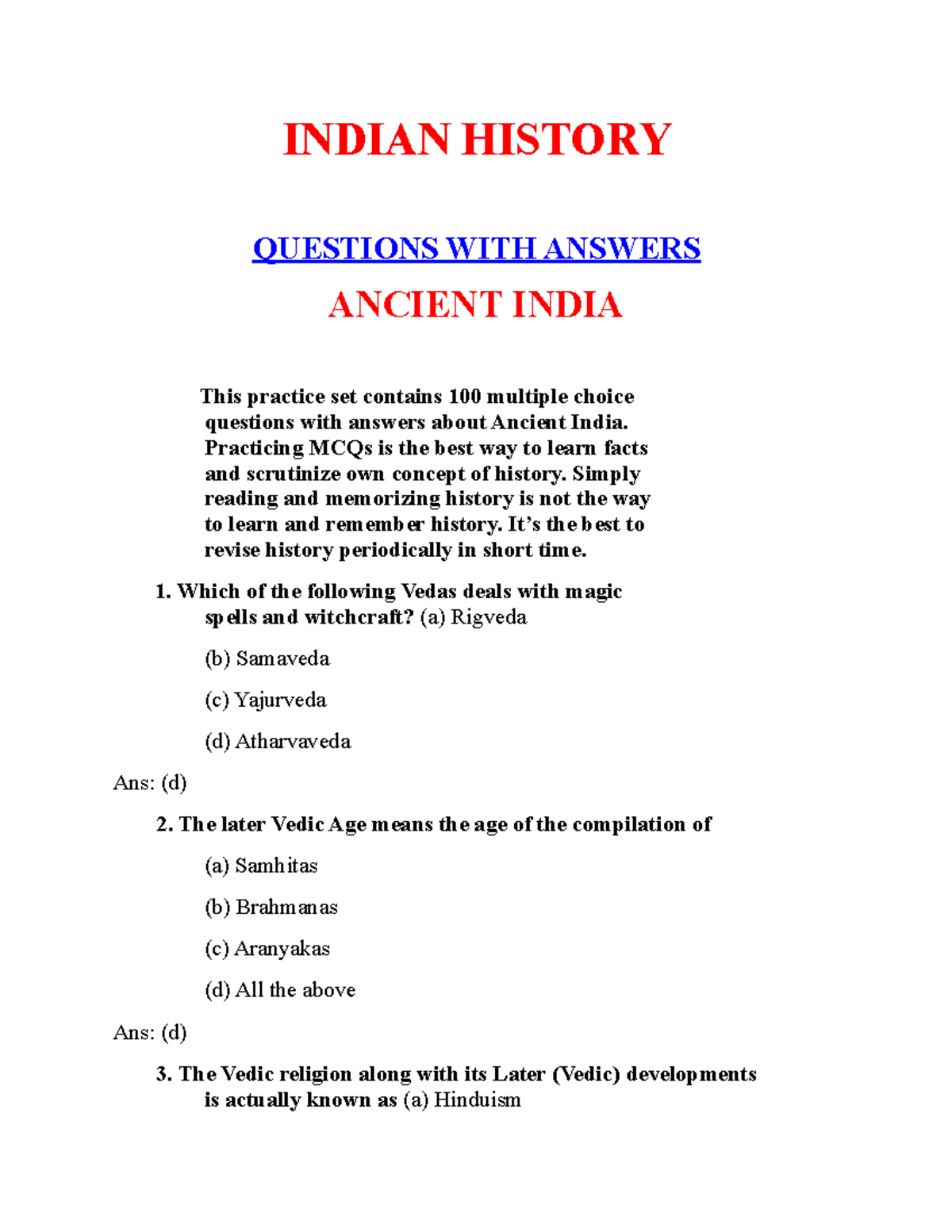 MCQ Practice SET- Ancient Indian History - INDIAN HISTORY QUESTIONS ...