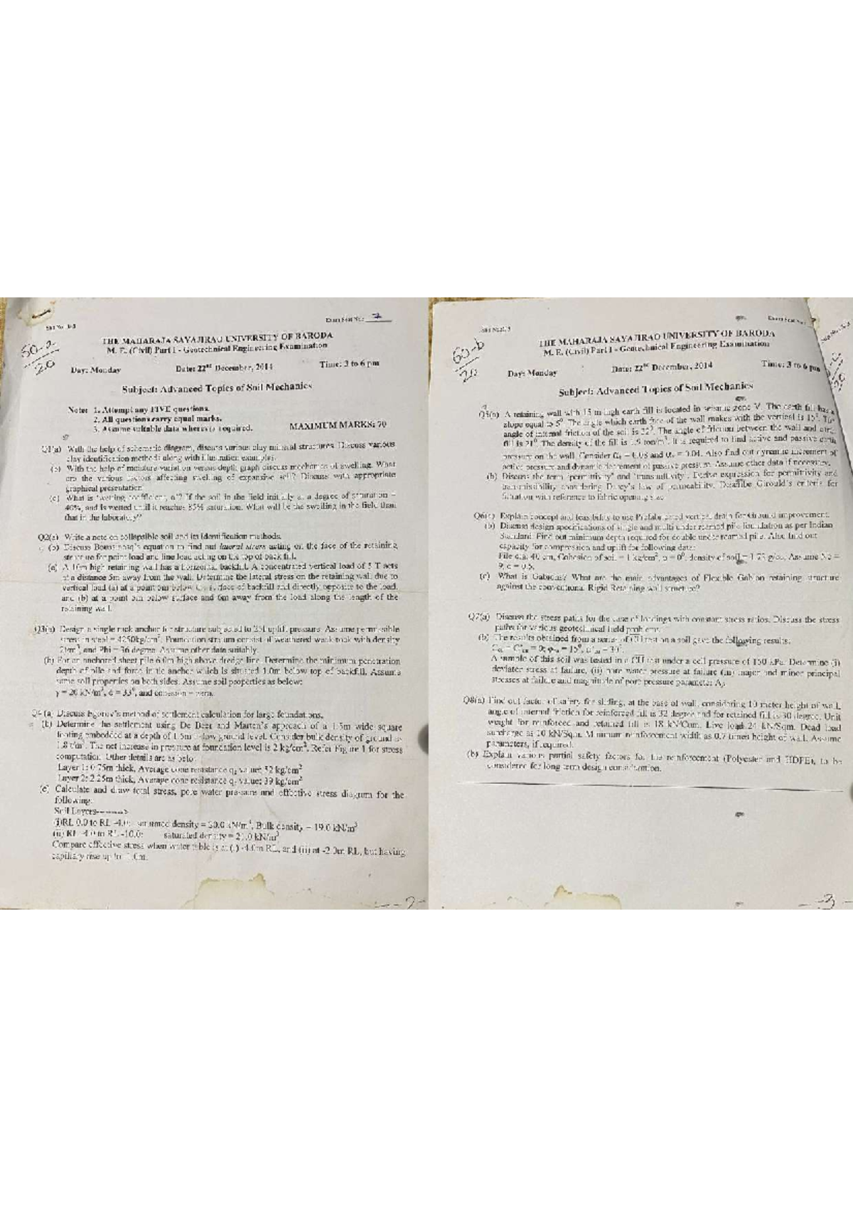 M.E. (Civil) Part I Geotechnical Engineering Exam Paper - Dec 2014 ...