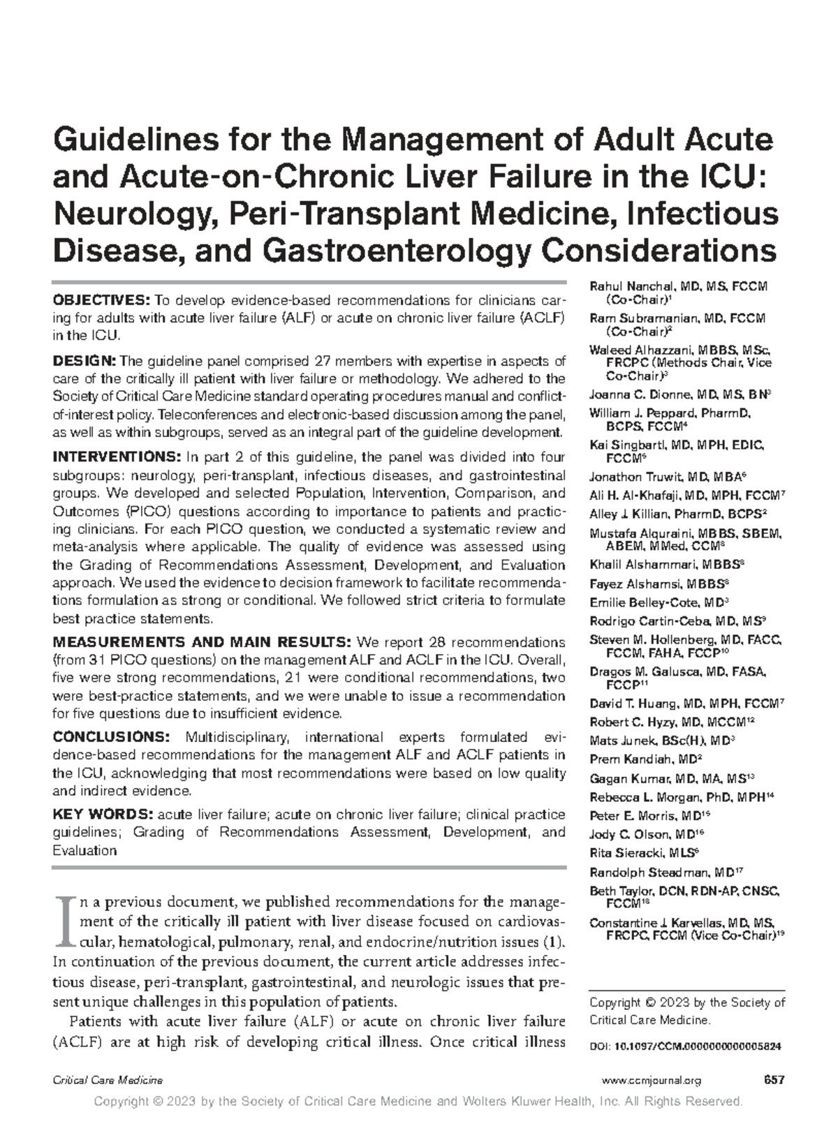 Guidelines for Management of Adult Acute Liver Failure in ICU: SCCM ...