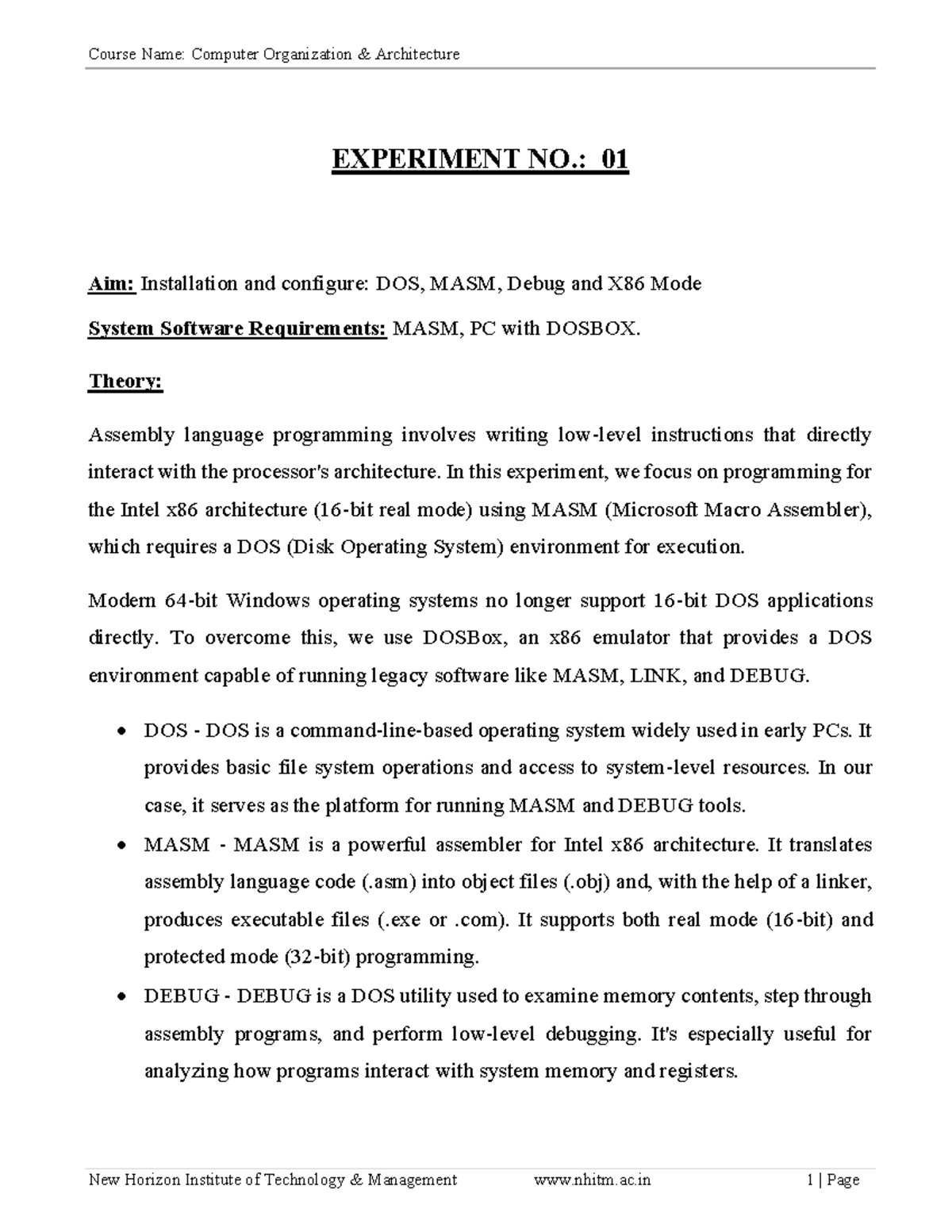 EXP 01 - Installation & Configuration of DOS, MASM, Debug & x86 Mode ...