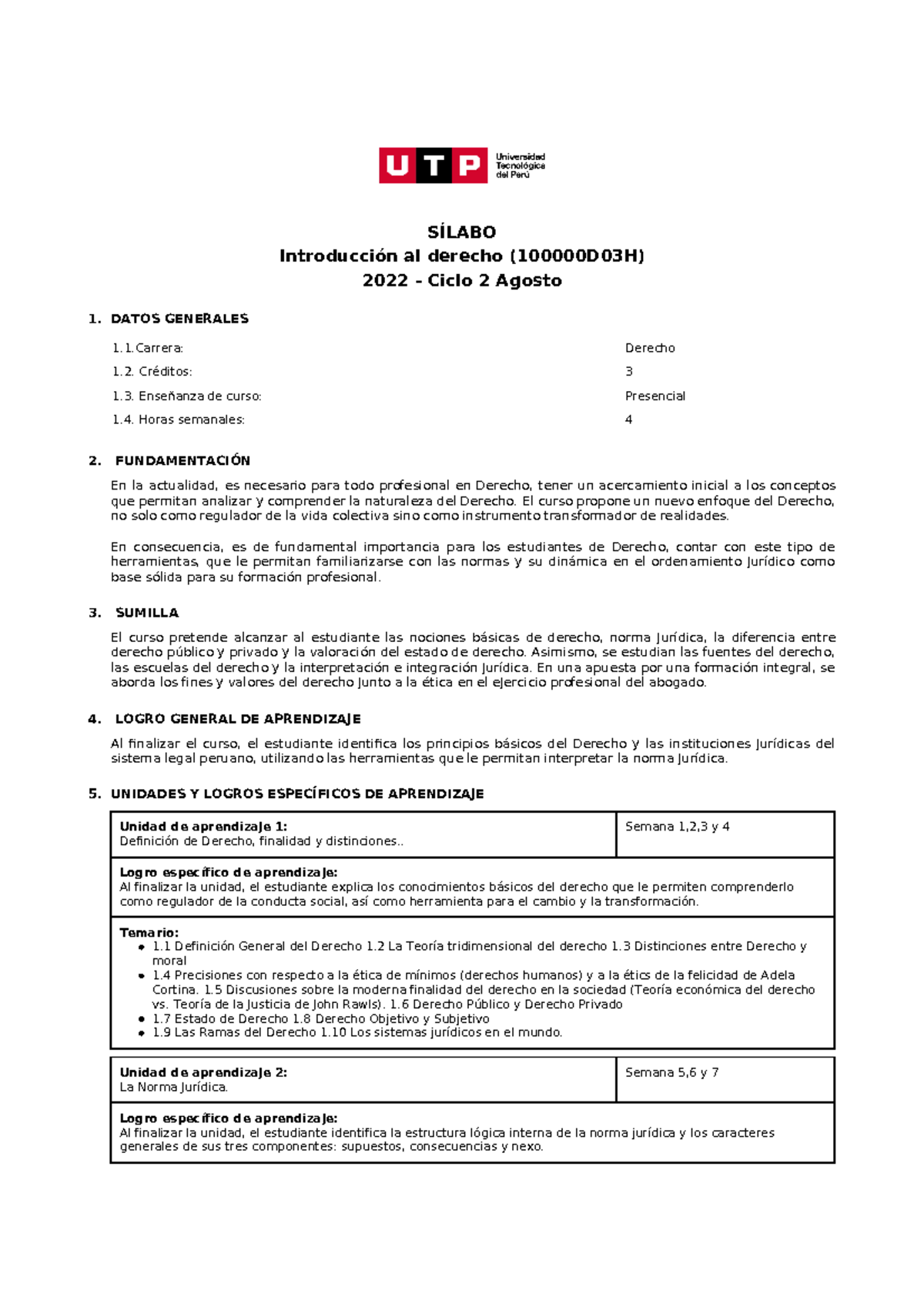 Sílabos de Introducción al Derecho (100000D03H) - Ciclo 2 2022 - Studocu