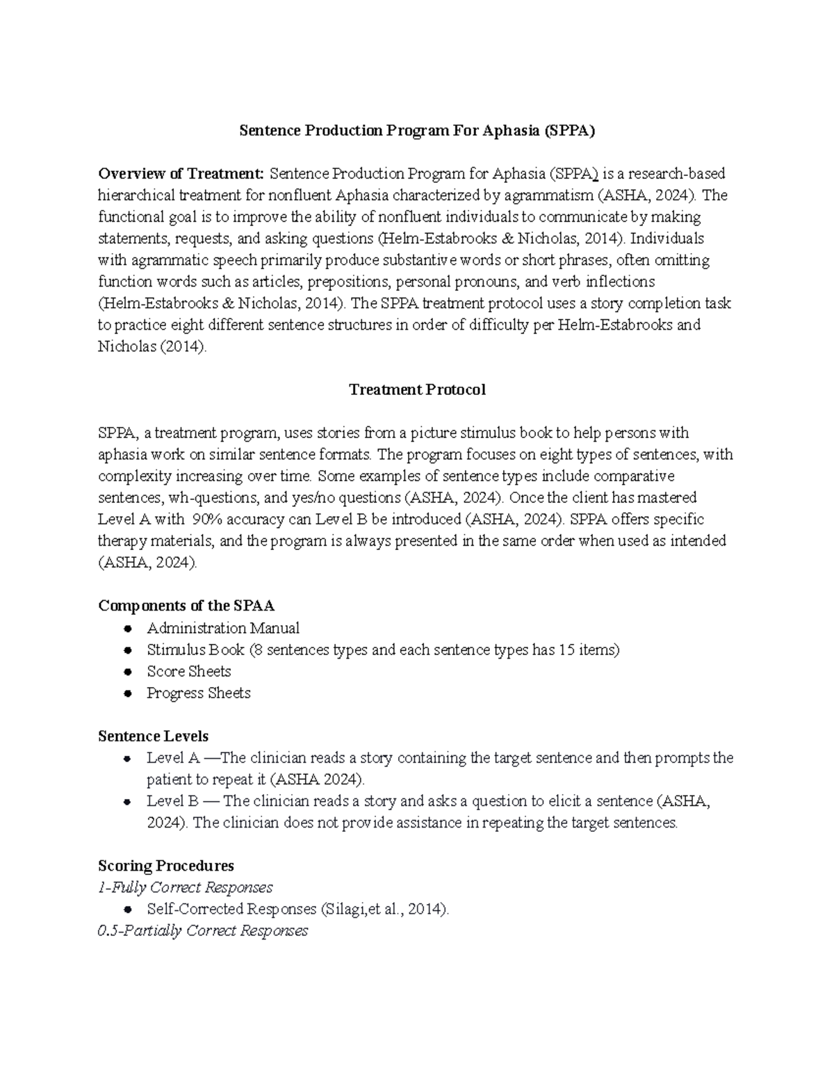 SPPA Treatment Overview for Aphasia: Methods and Protocols - Studocu
