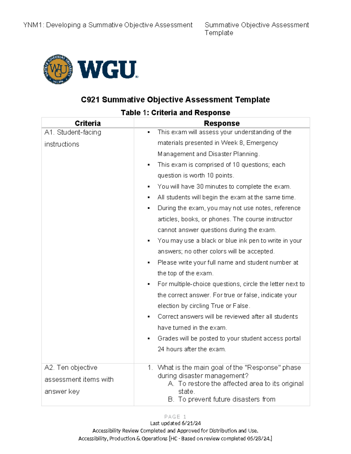 YNM1 C921: Summative Objective Assessment on Emergency Management - Studocu