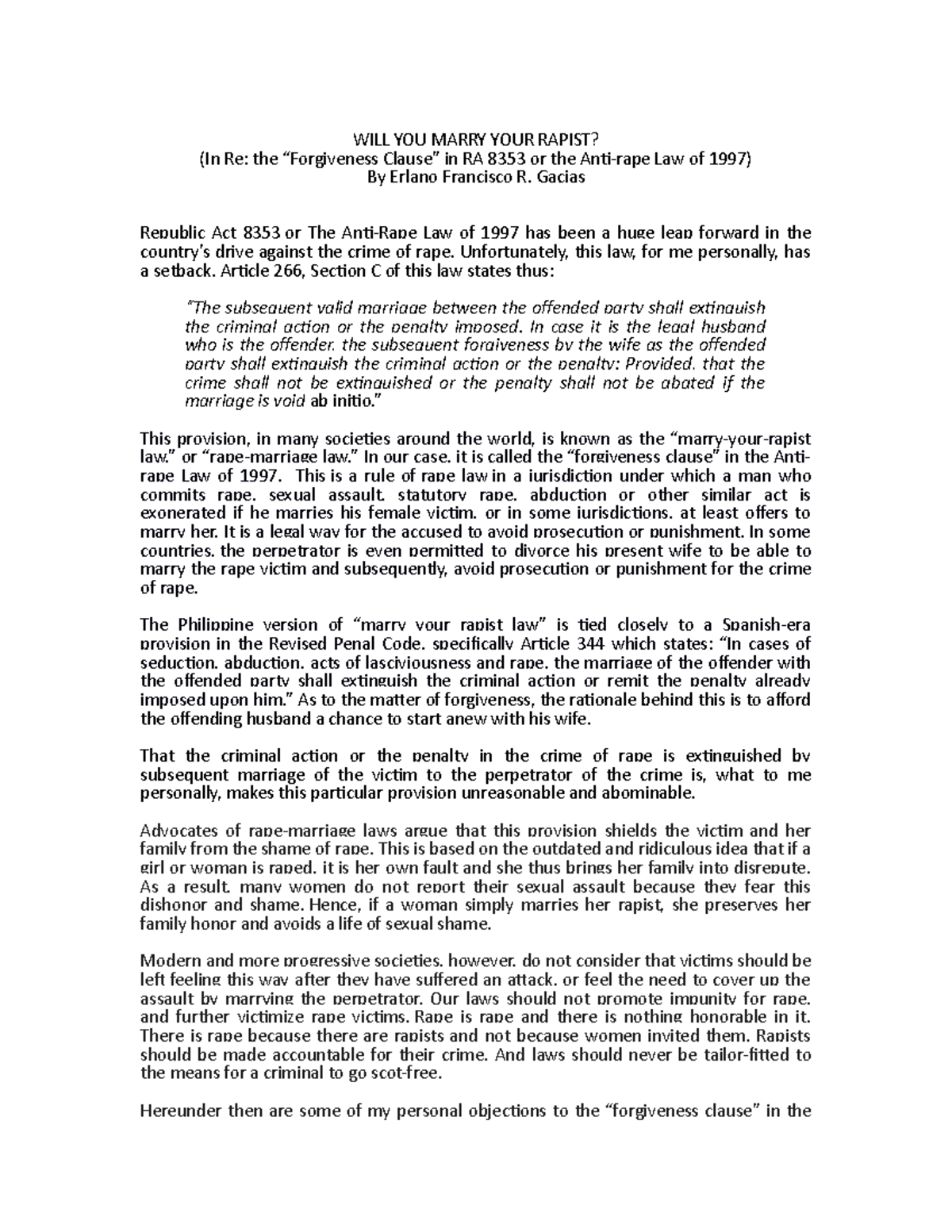 The Forgiveness Clause in the Anti-Rape Law (RA 8353) Examined - Studocu